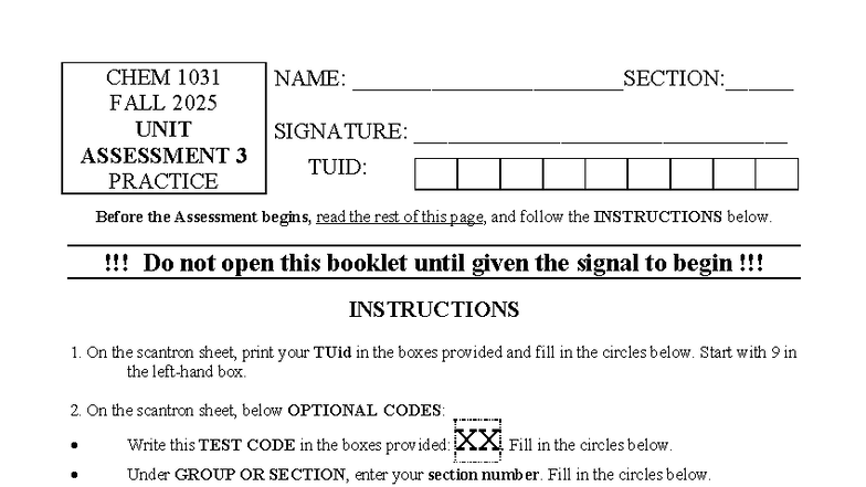 CHEM 1031 FALL 2025 UNIT ASSESSMENT 3 PRACTICE QUESTIONS - Studocu
