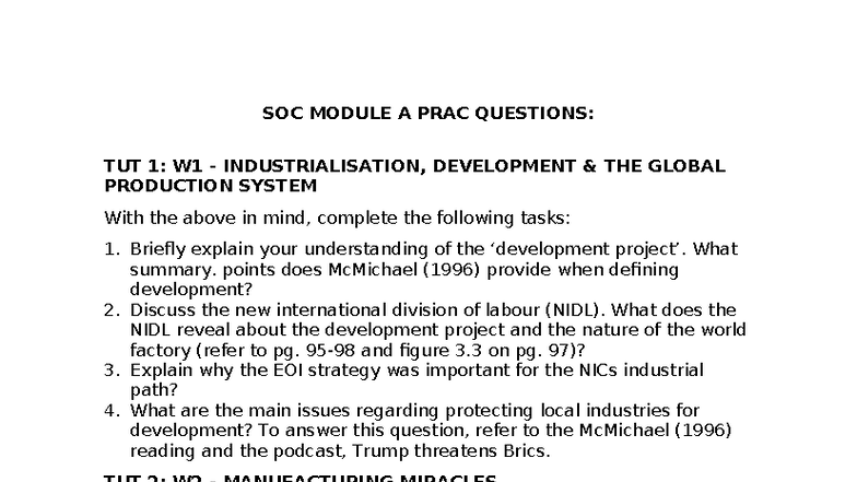 SOC EXAM PREP: TUT 1-8 INDUSTRIALISATION & GLOBAL PRODUCTION SYSTEM ...