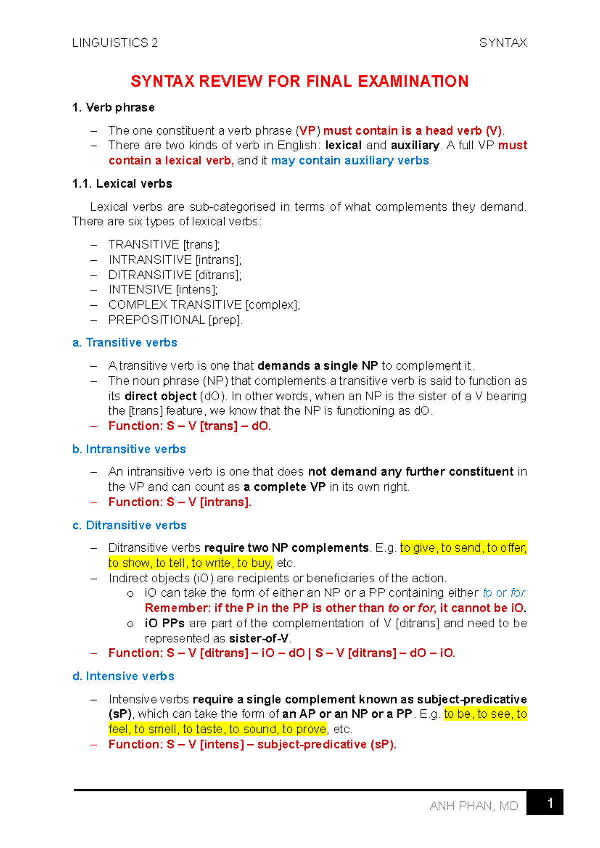 LINGUISTICS 2 SYNTAX FINAL EXAM REVIEW NOTES - Studocu