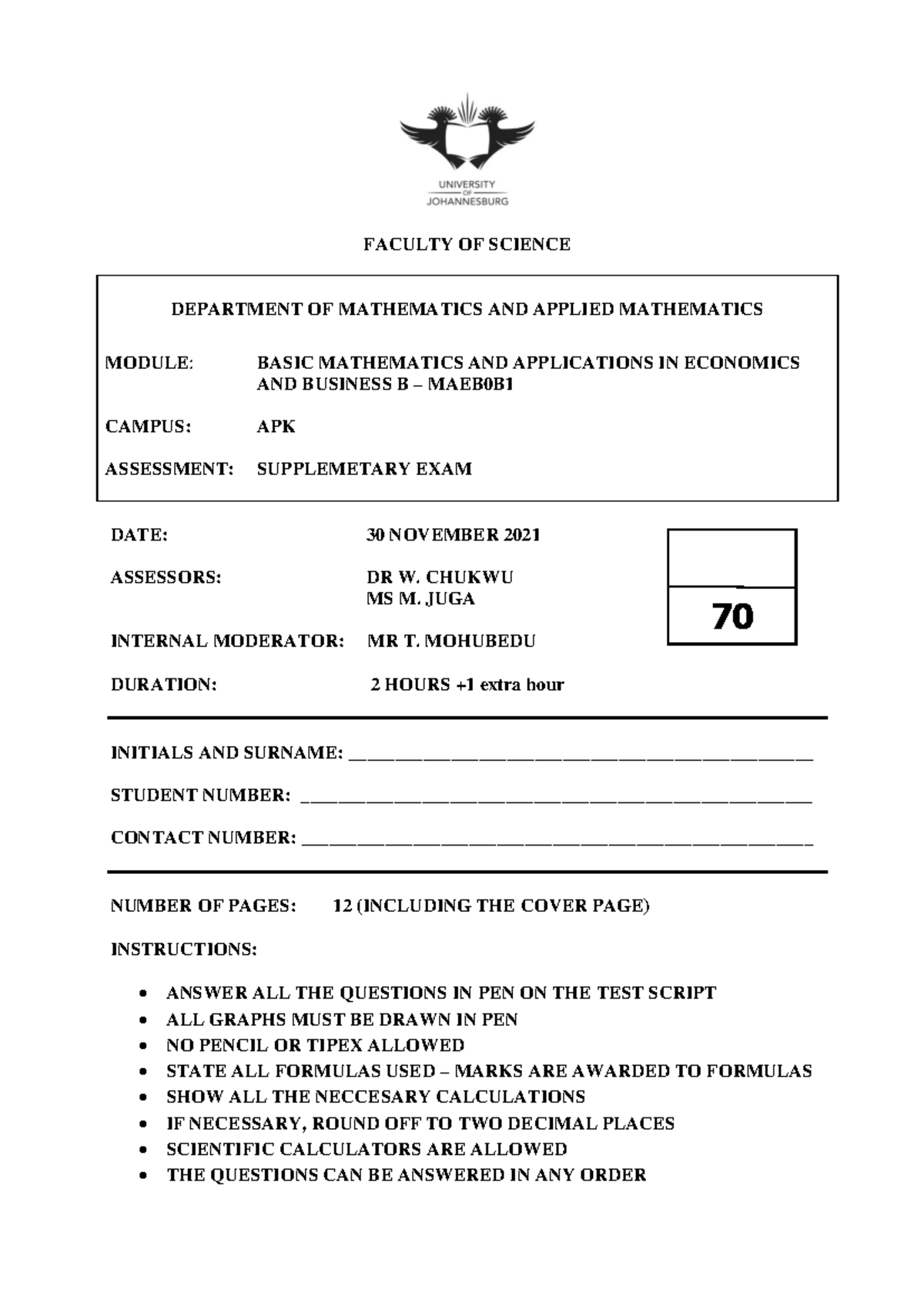 MAEB0B1 NOVEMBER SUPPLEMENTARY EXAM: BASIC MATH & ECONOMICS - Studocu