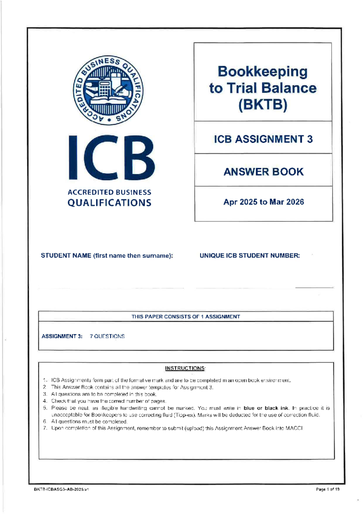BKTB ICB Assignment 3 Answer Book: Bookkeeping to Trial Balance - Studocu