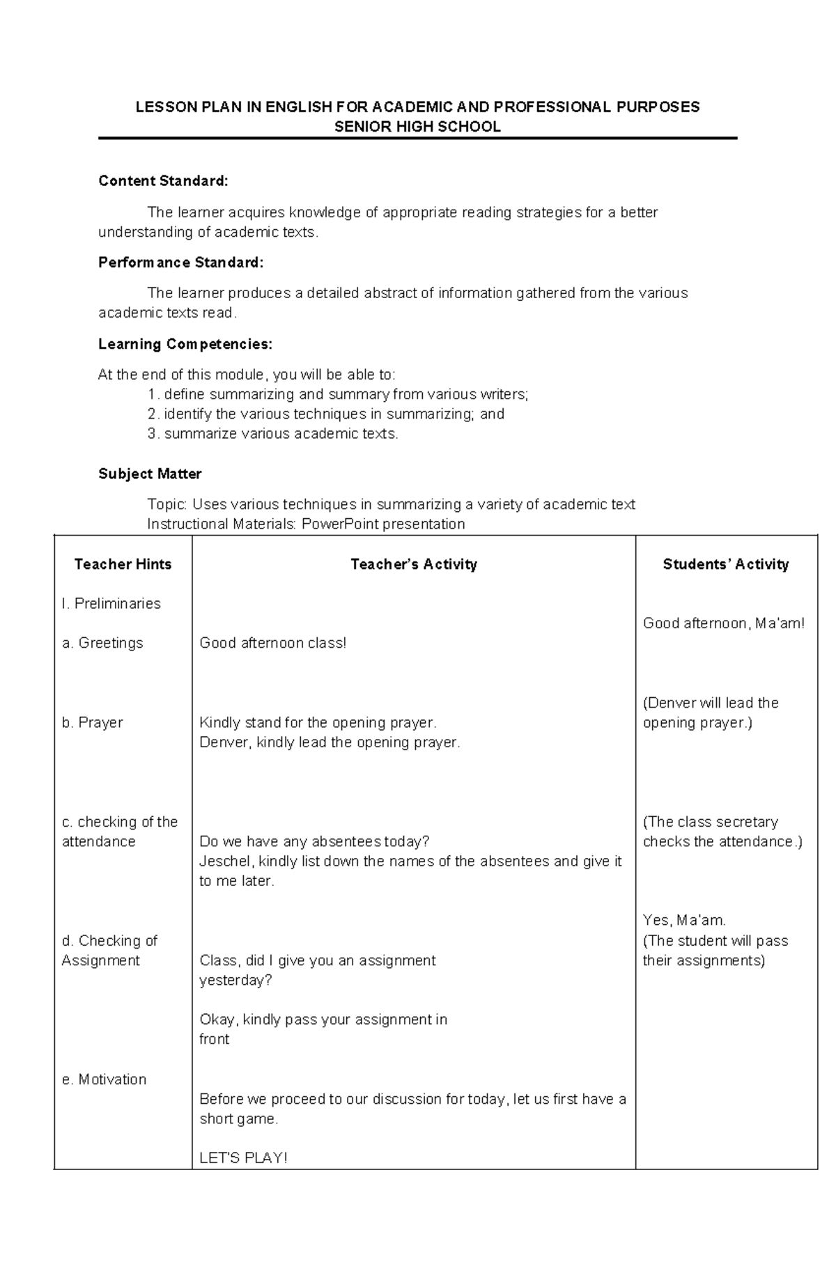LESSON PLAN: Summarizing Techniques in English for ACADEMIC ...