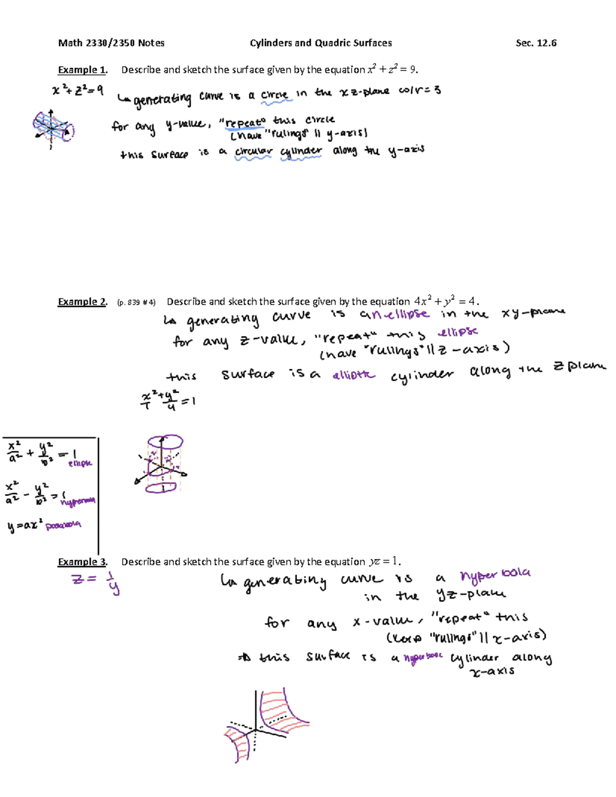 Math 2330/2350 Notes: Cylinders & Quadric Surfaces (Sec. 12.6) - Studocu