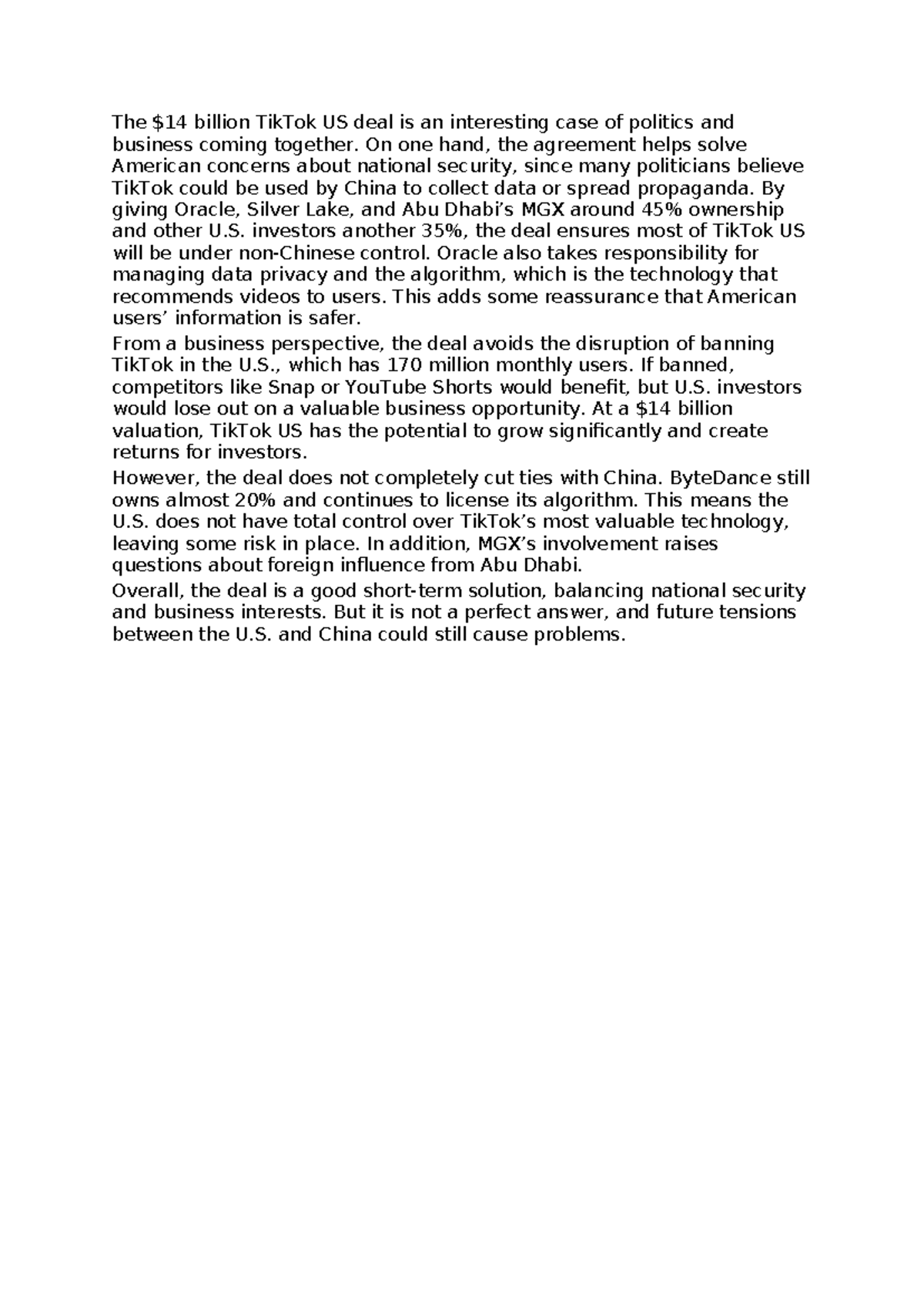 BUS 101: TikTok US Deal - Balancing Politics & Business Interests - Studocu