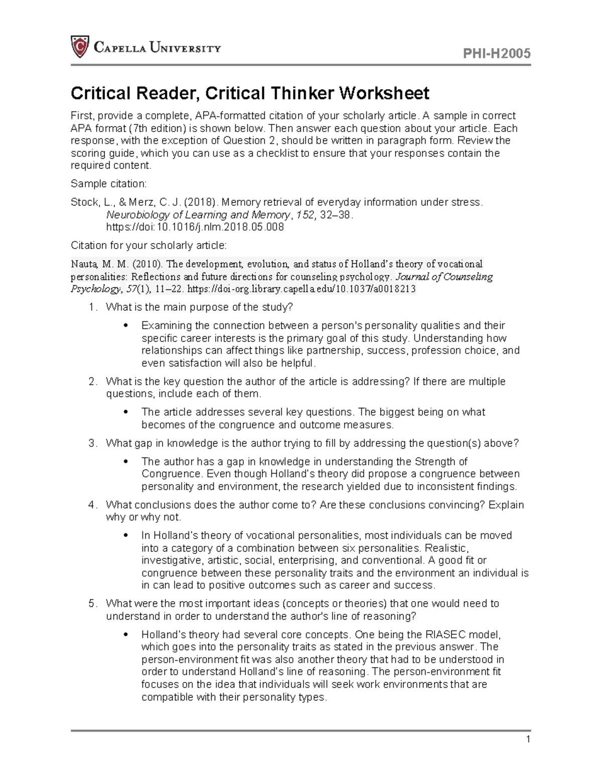 Critical Reader, Critical Thinker Worksheet: Analyzing Vocational ...
