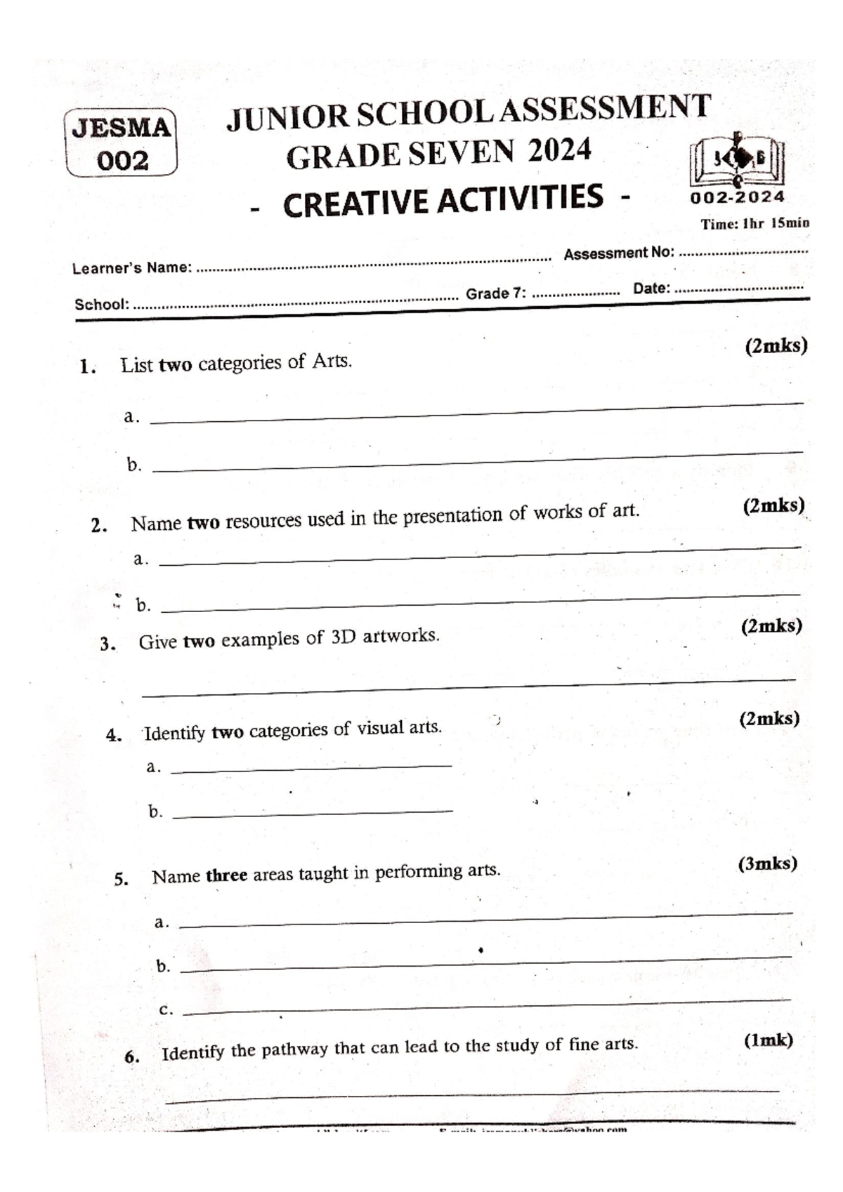 Grade 7 Creative Activities Assessment 002 - 2024 - Studocu