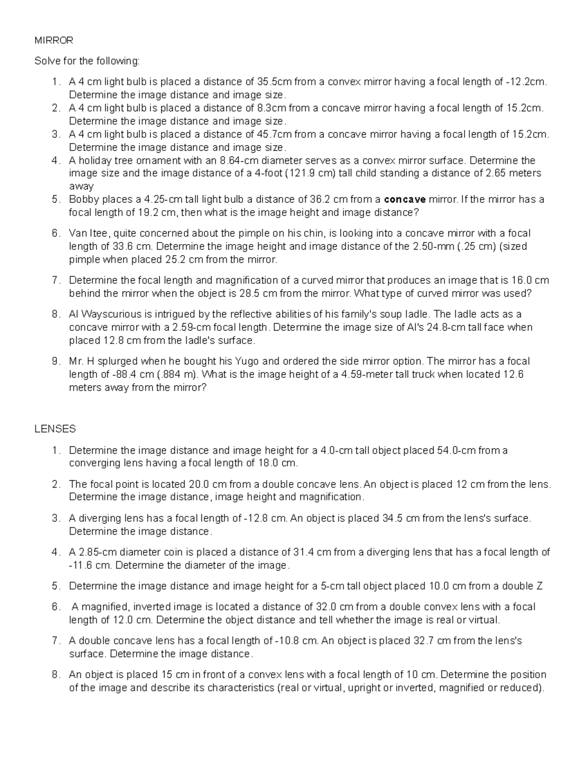 MIRRORS & LENSES Sample Problems: Image Distance & Size Calculations ...