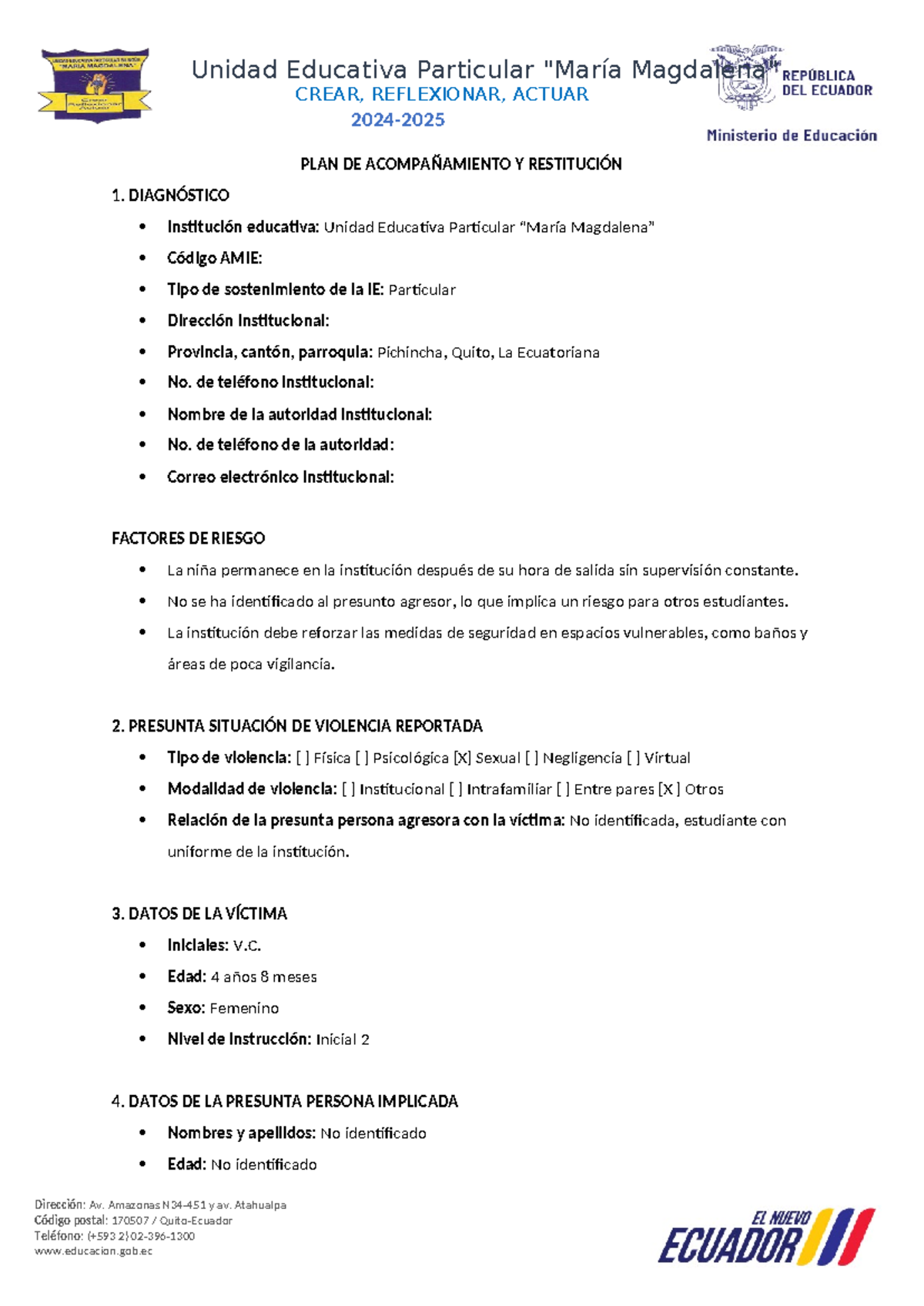Plan de Acompañamiento y Restitución 2024 - Unidad Educativa "María ...
