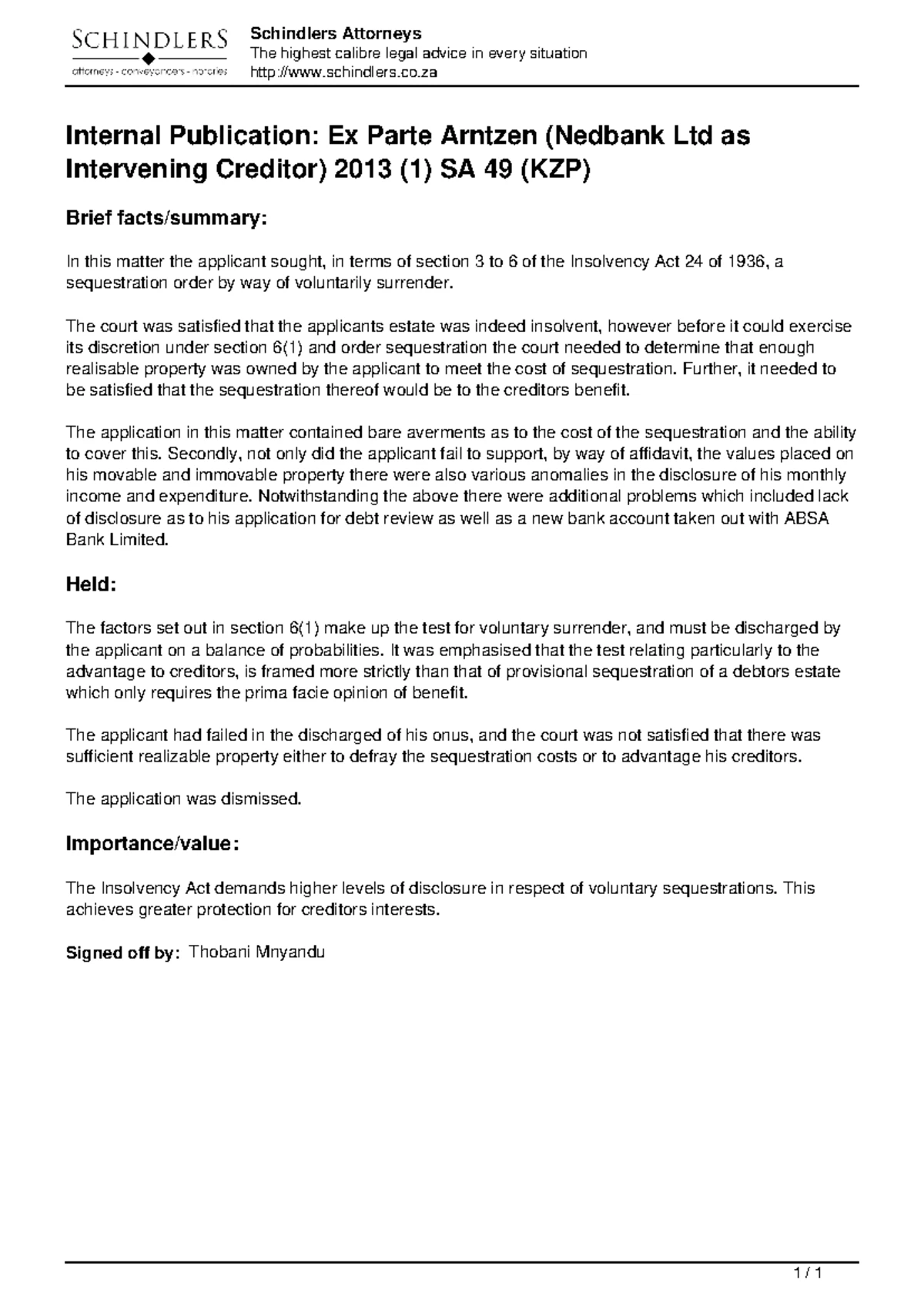 EX Parte Harmse 2005 (1) SA 323 (N) JUTA CASES - - Studocu