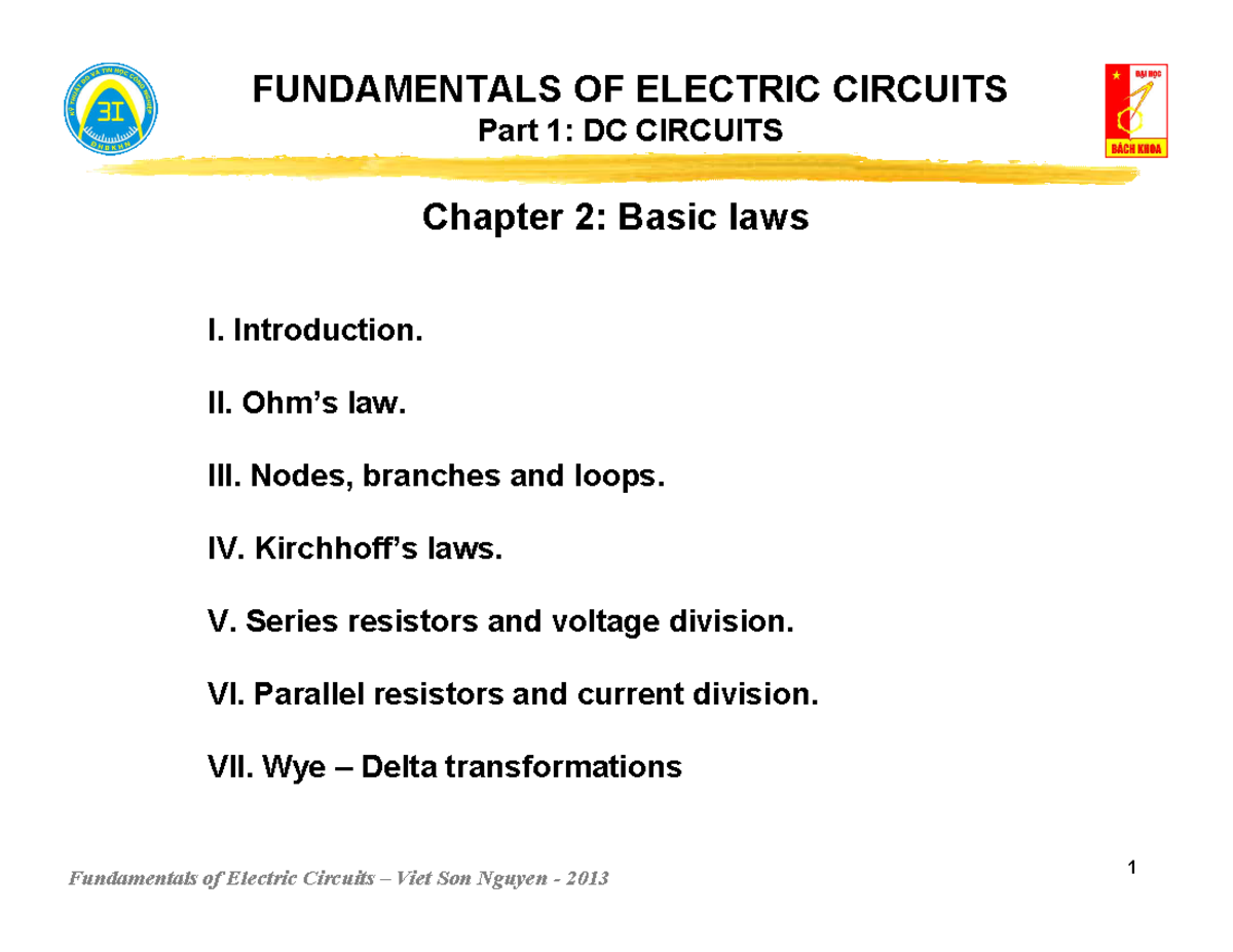 EE3706 Chapter 2 Basic laws - 1 FUNDAMENTALS OF ELECTRIC CIRCUITS Part 1: DC CIRCUITS Chapter 2 ...