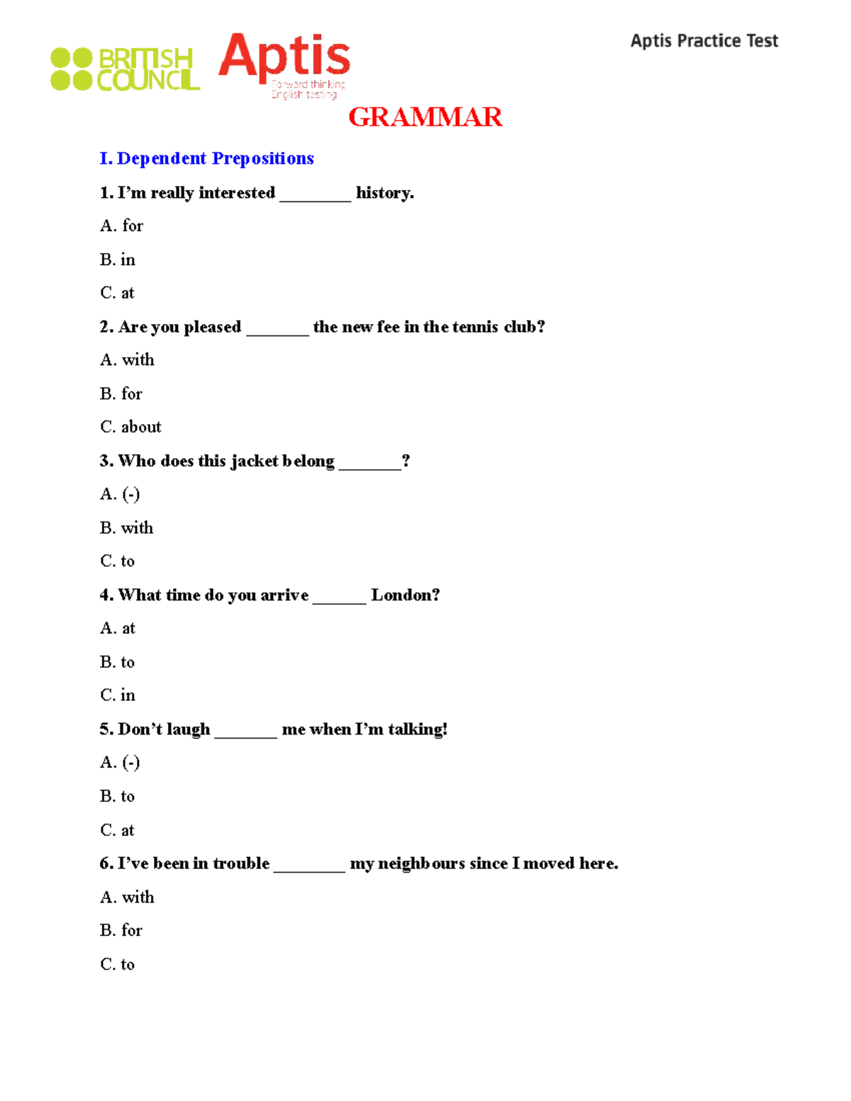 More Practice on Grammar I: Dependent Prepositions and More - Studocu