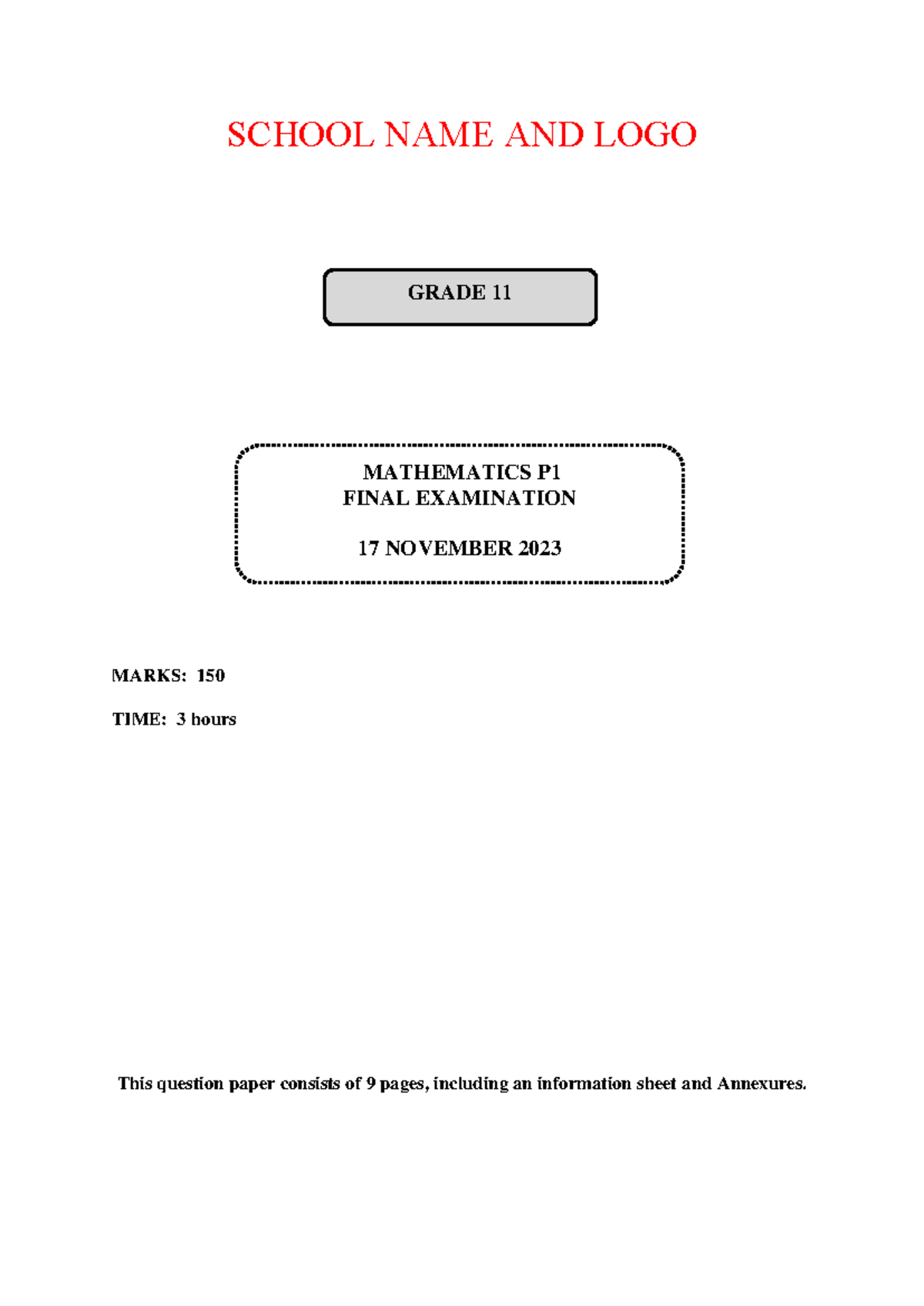 Grade 11 Mathematics P1 Final Exam - November 2023 (150 Marks) - Studocu
