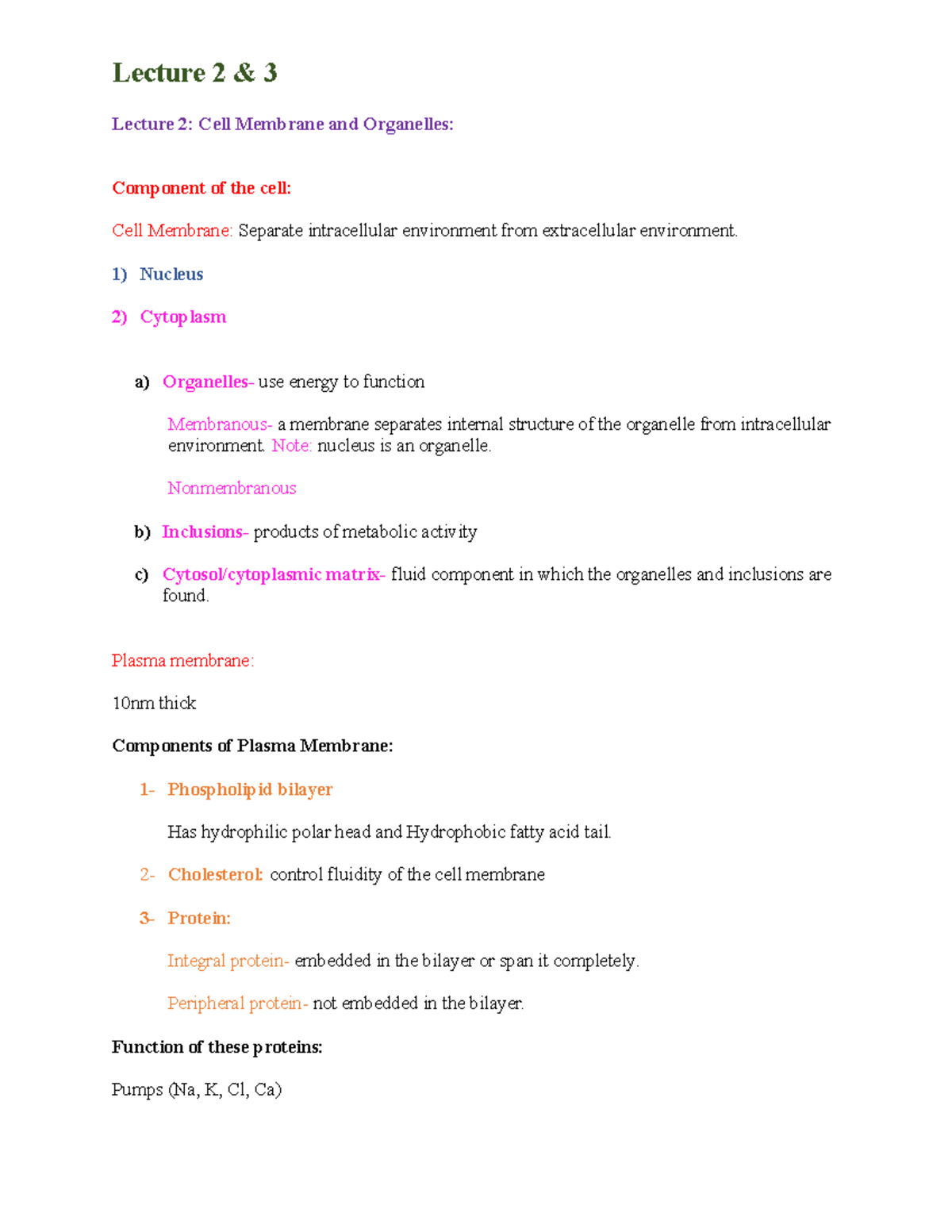 Lecture 2: Cell Membrane & Organelles Overview in Biology - Studocu