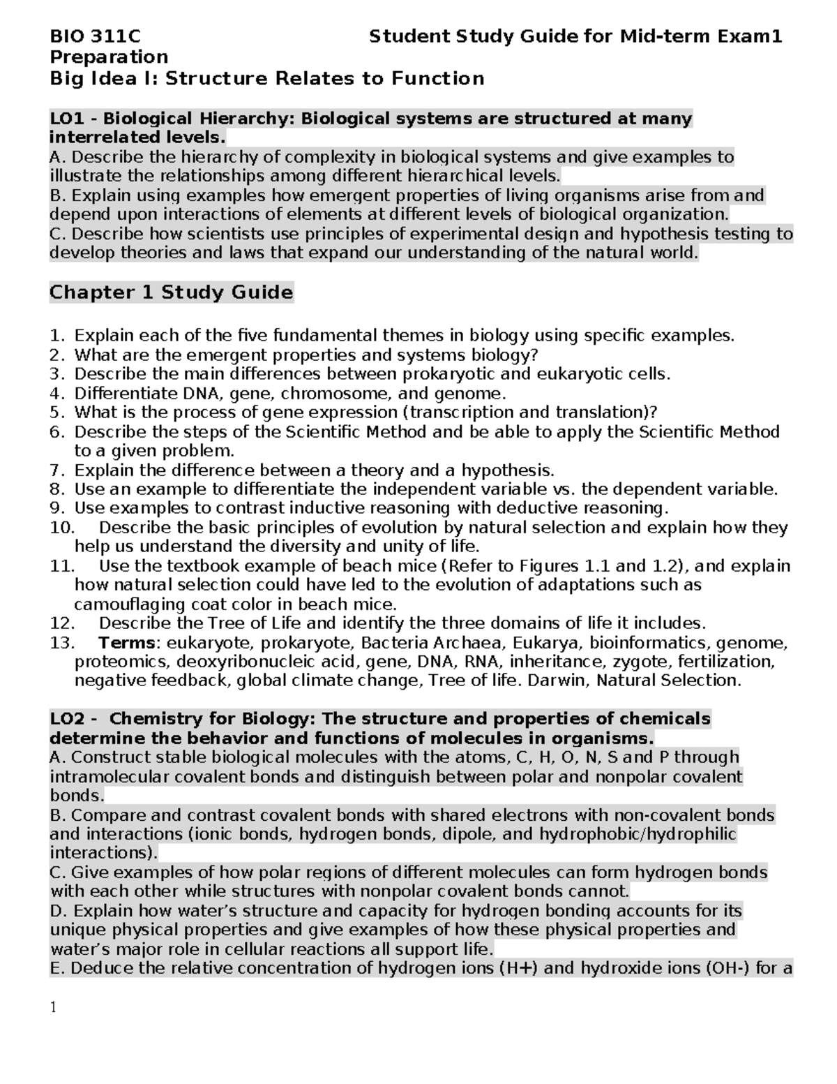 BIO 311C Study Guide: Mid-Term Exam Review on Biological Concepts - Studocu