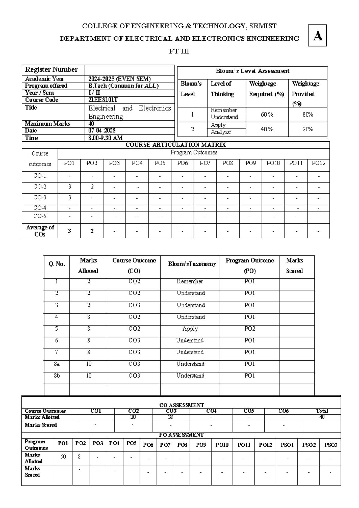 Keyct-II A QP 2025: Electrical & Electronics Engineering Assessment ...