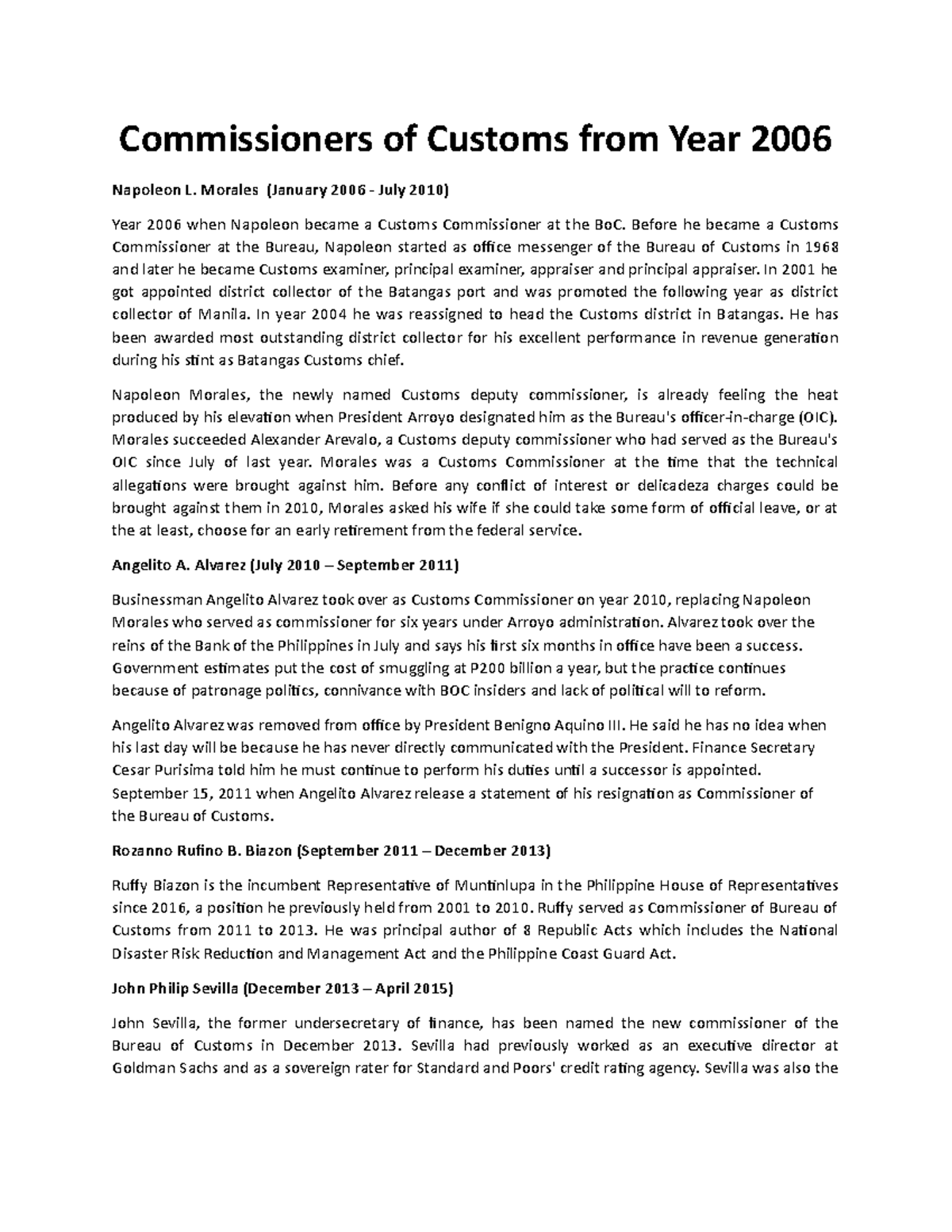 Commissioners of Customs (2006-2018): A Historical Overview - Studocu