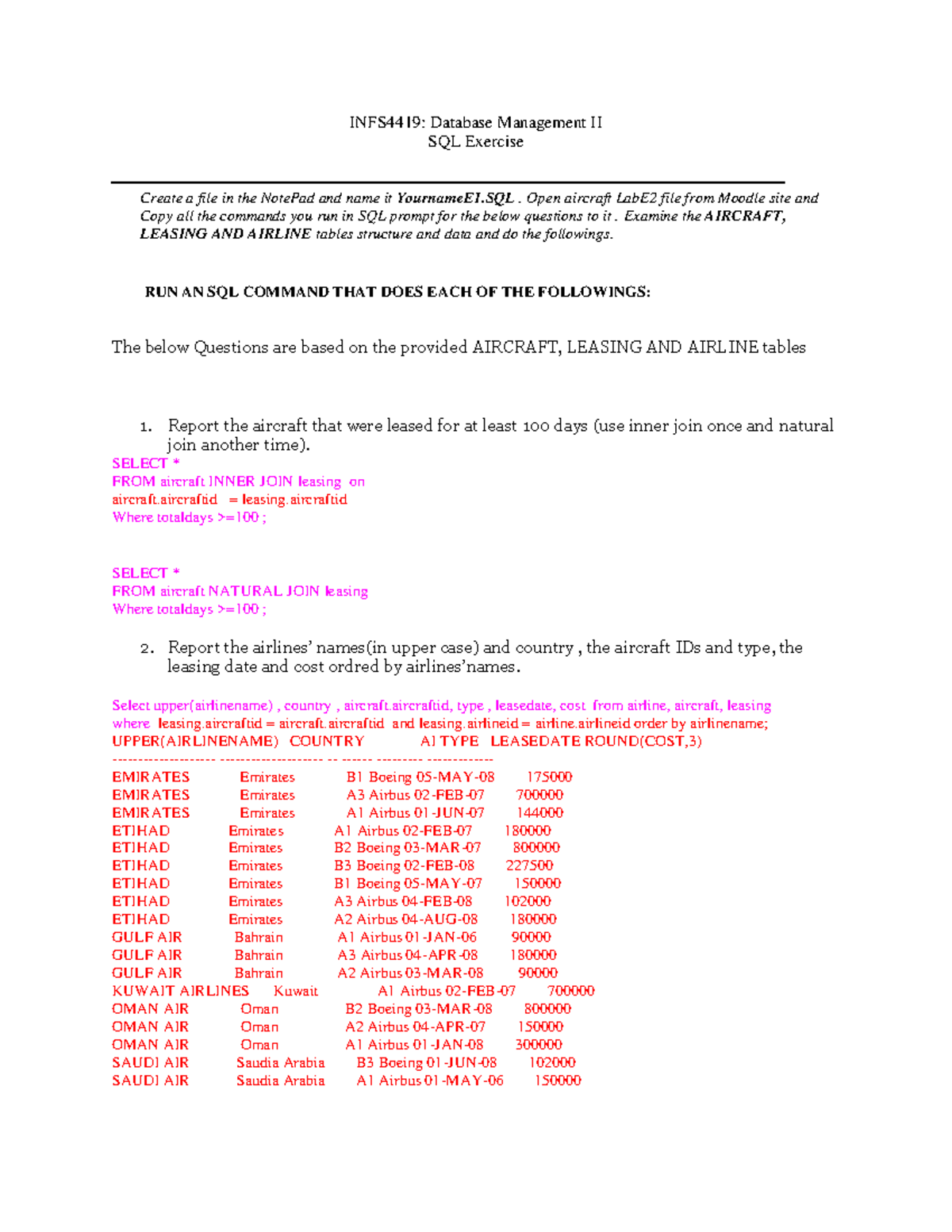 INFS4419: SQL Exercise 1 Solutions for Database Management II - Studocu