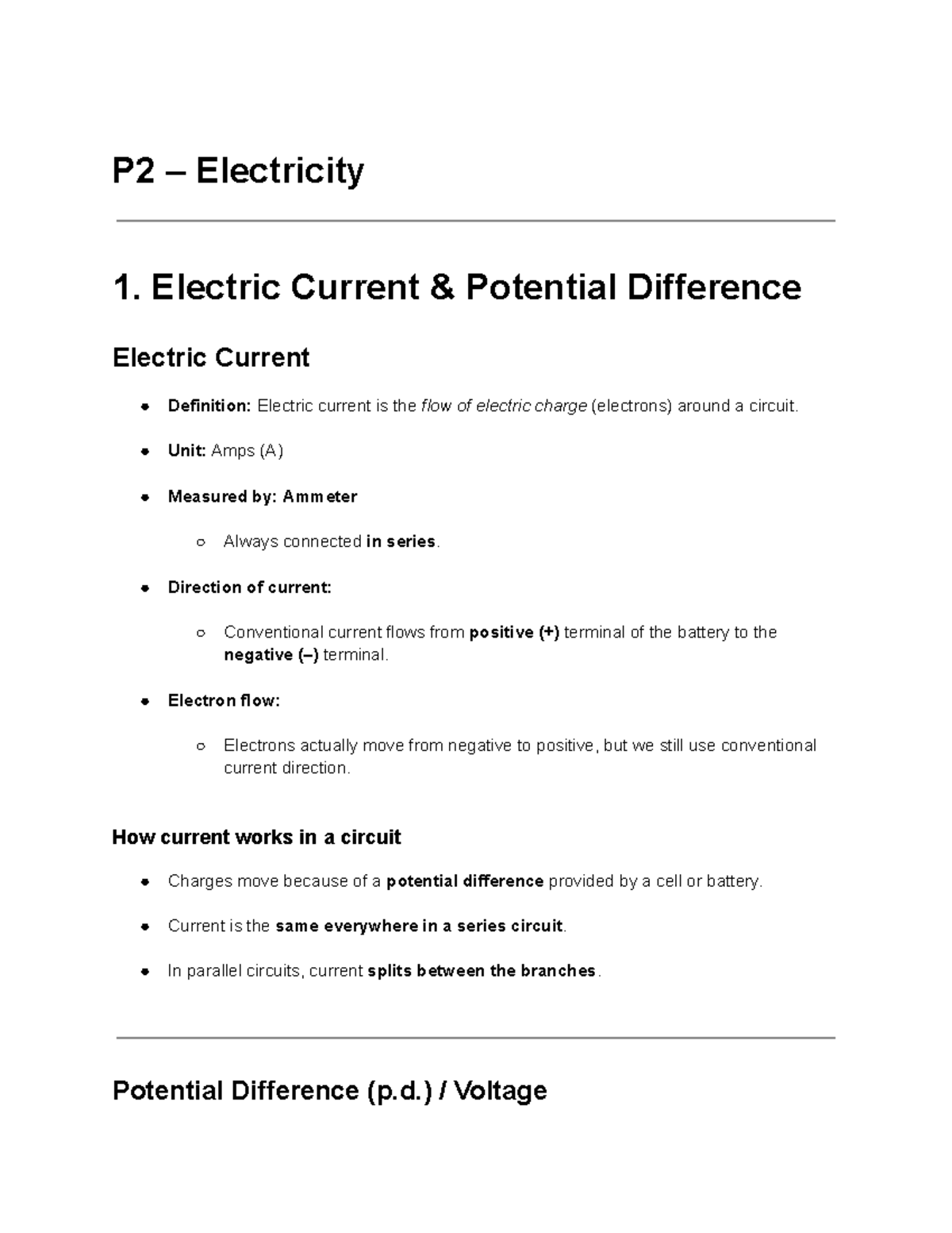 P2 Electricity: Current, Voltage, Resistance & Circuits Notes - Studocu