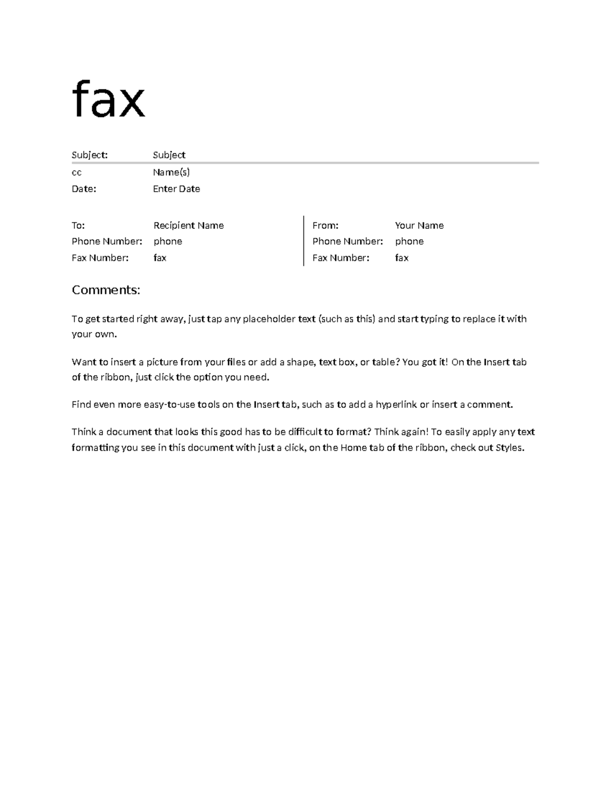 My Fax Cover - good - fax Subject: Subject cc Name(s) Date: Enter Date ...