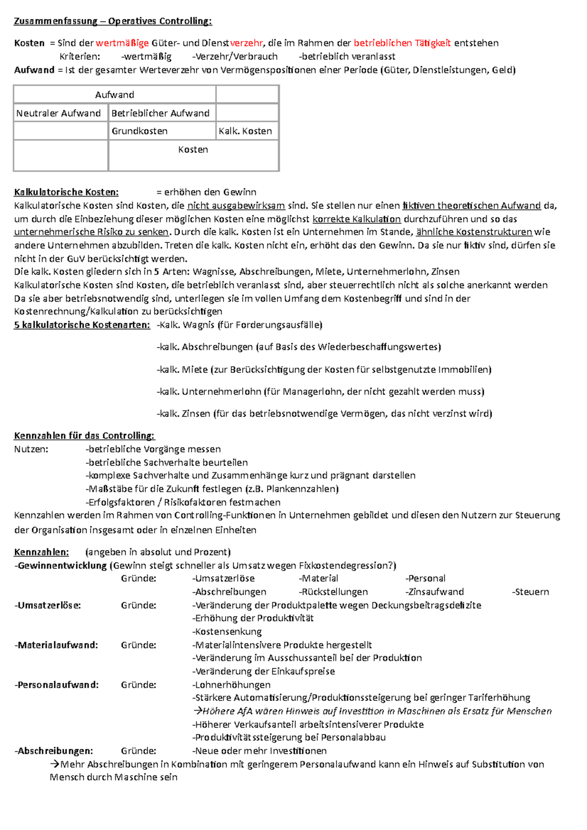 Zusammenfassung - Operatives Controlling - Zusammenfassung – Operatives Controlling: Kosten ...