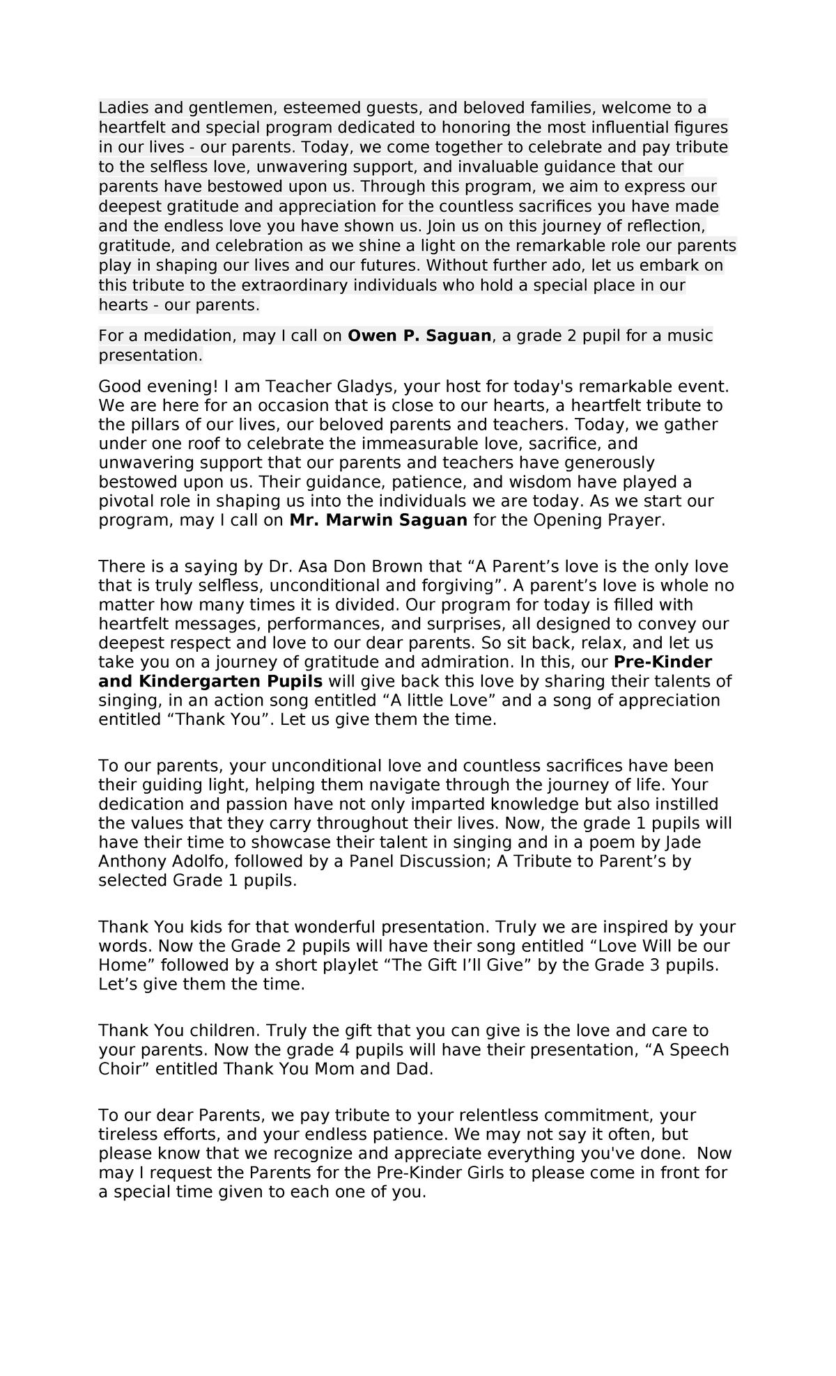 Emcee Script for Tribute to Parents and Teachers - Special Event - Studocu