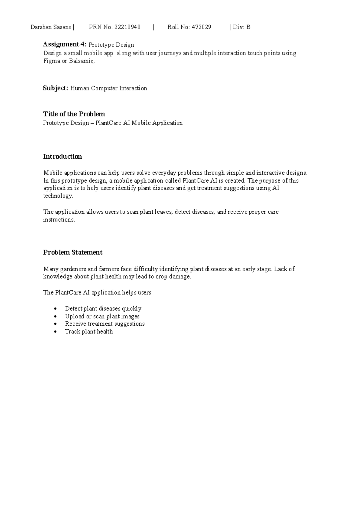 HCI 4: Prototype Design Assignment - PlantCare AI Mobile App - Studocu