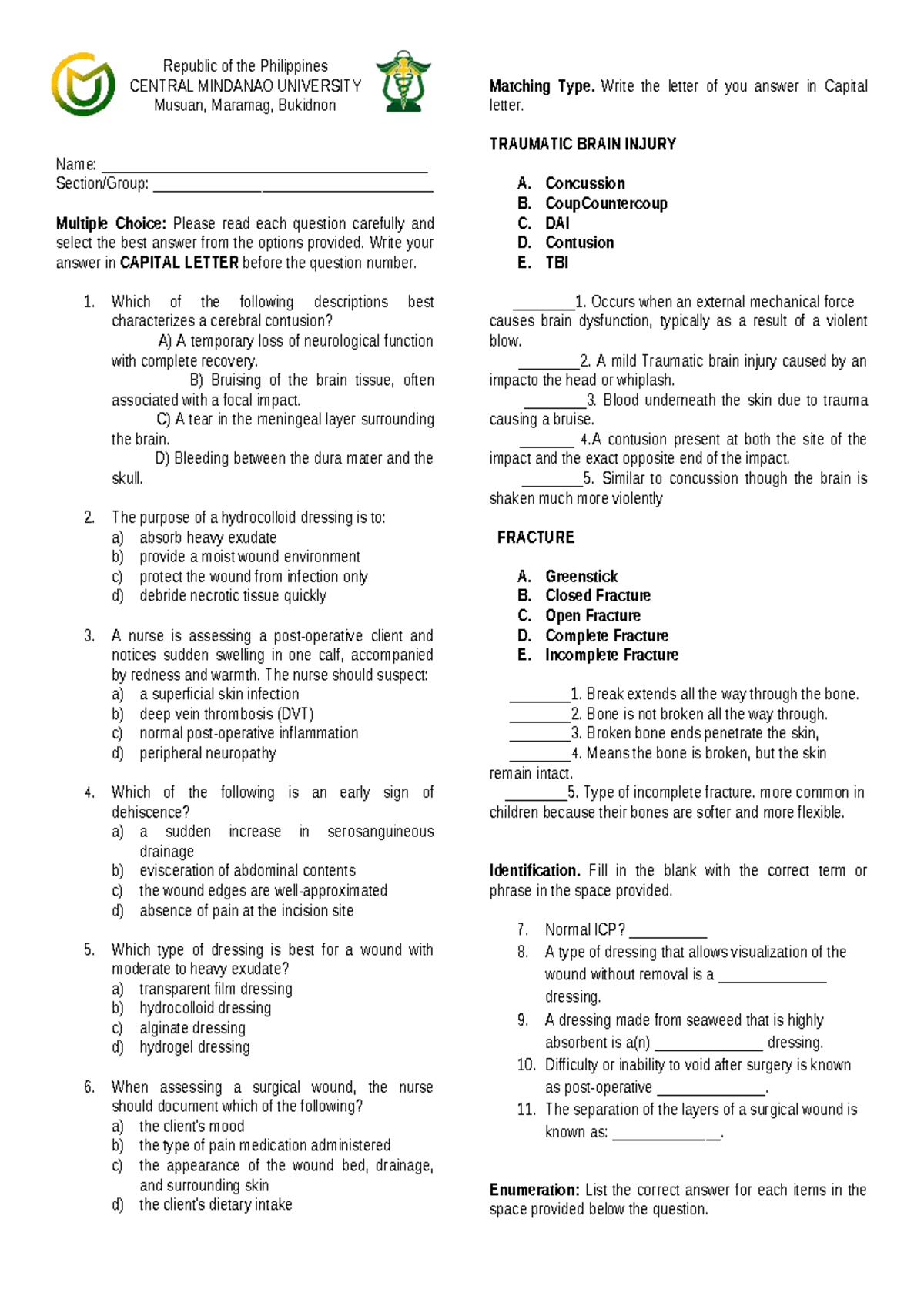 Surgical WARD Quiz - Multiple Choice & Matching Questions - Studocu