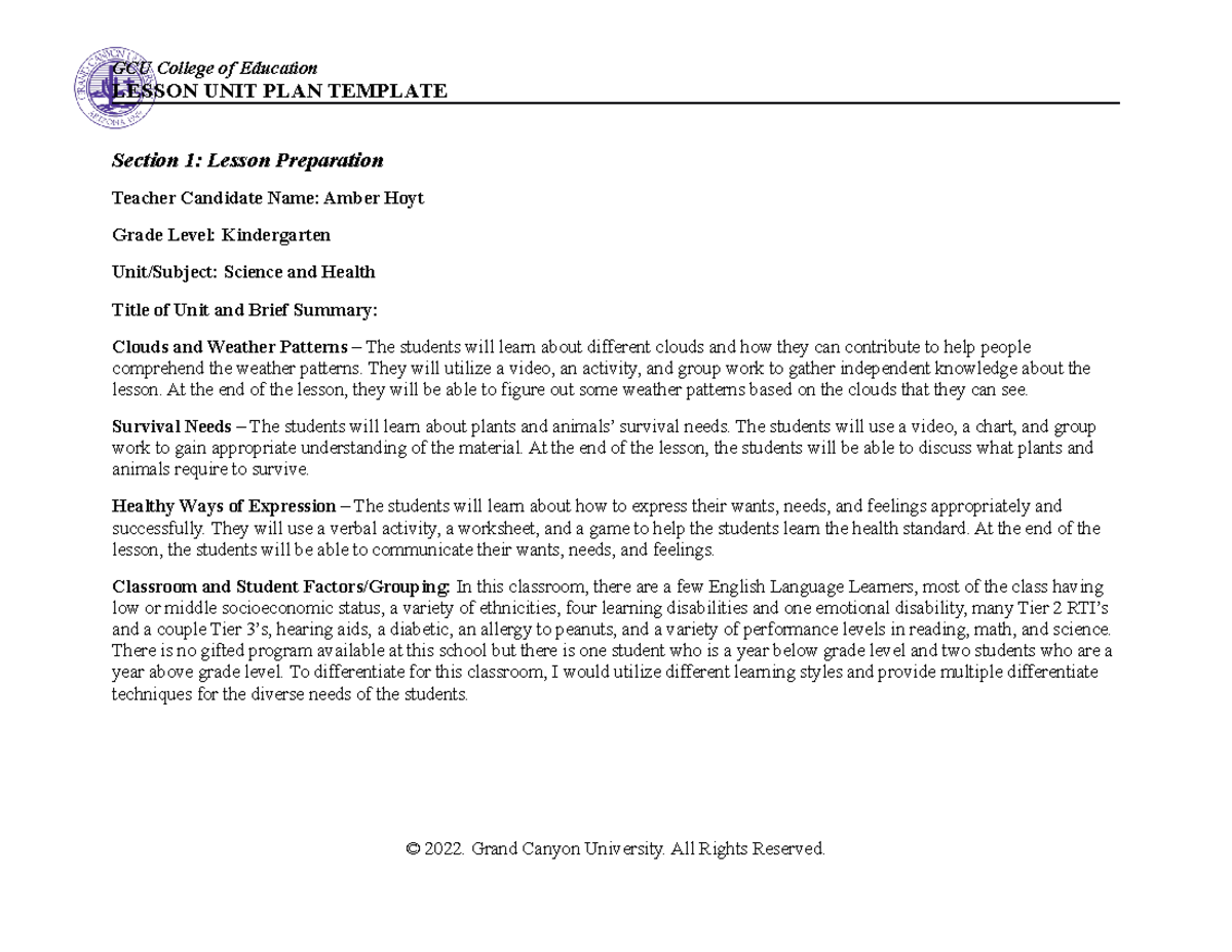 Science & Health Unit Plan (K) - Clouds, Weather, & Survival Needs ...