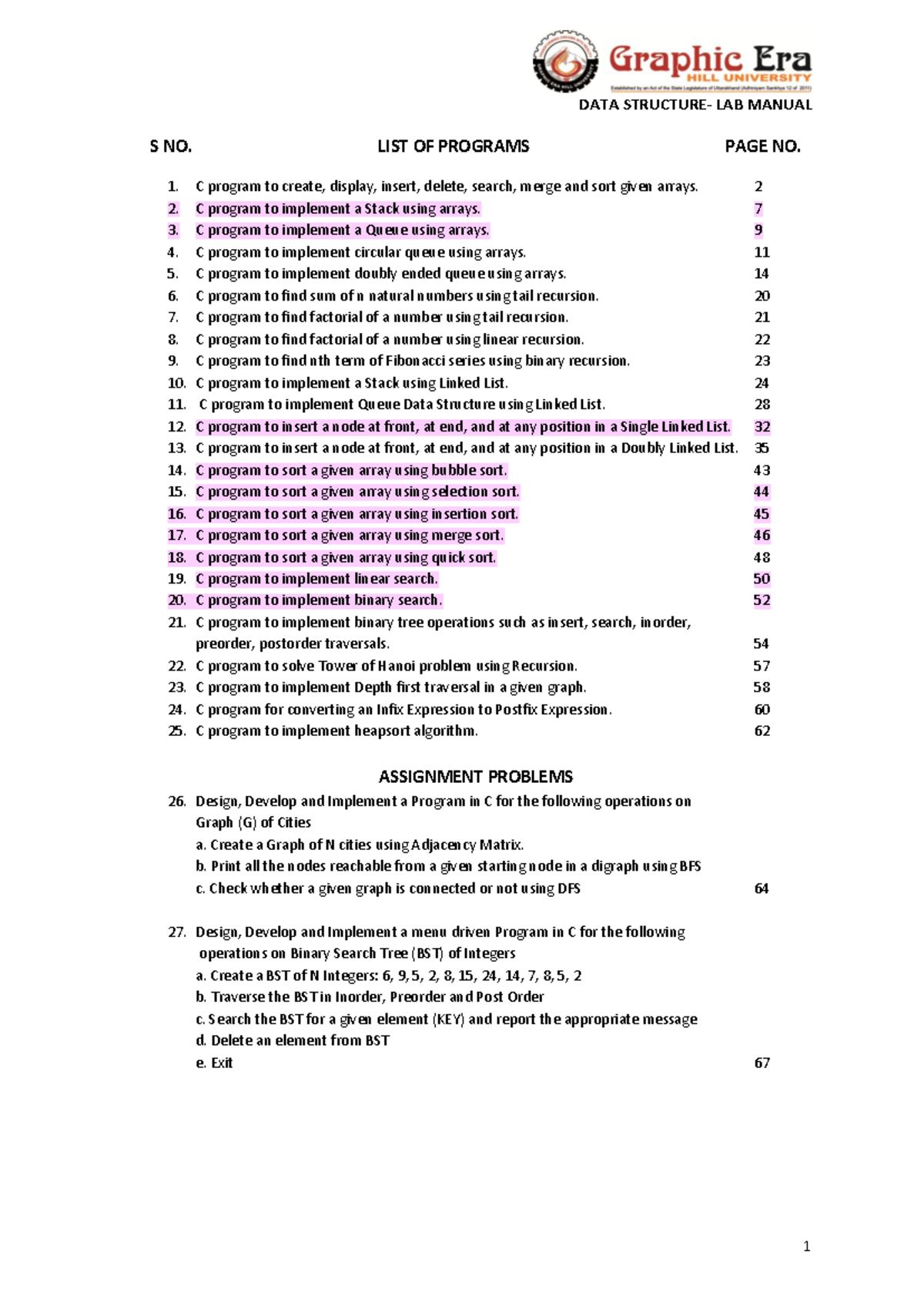 CSE101: Data Structures Lab Manual - C Programs & Operations - Studocu