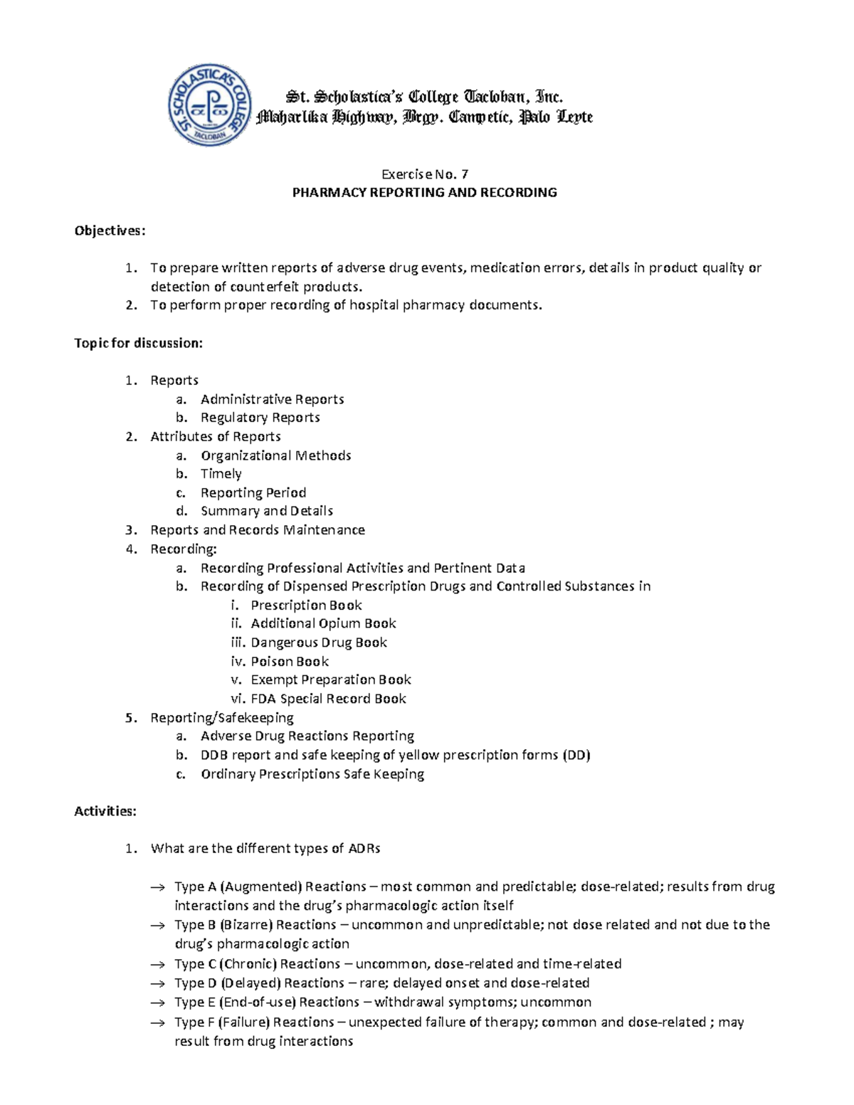 Worksheets 7-11: Hospital Pharmacy Exercises and Reporting Tasks - Studocu