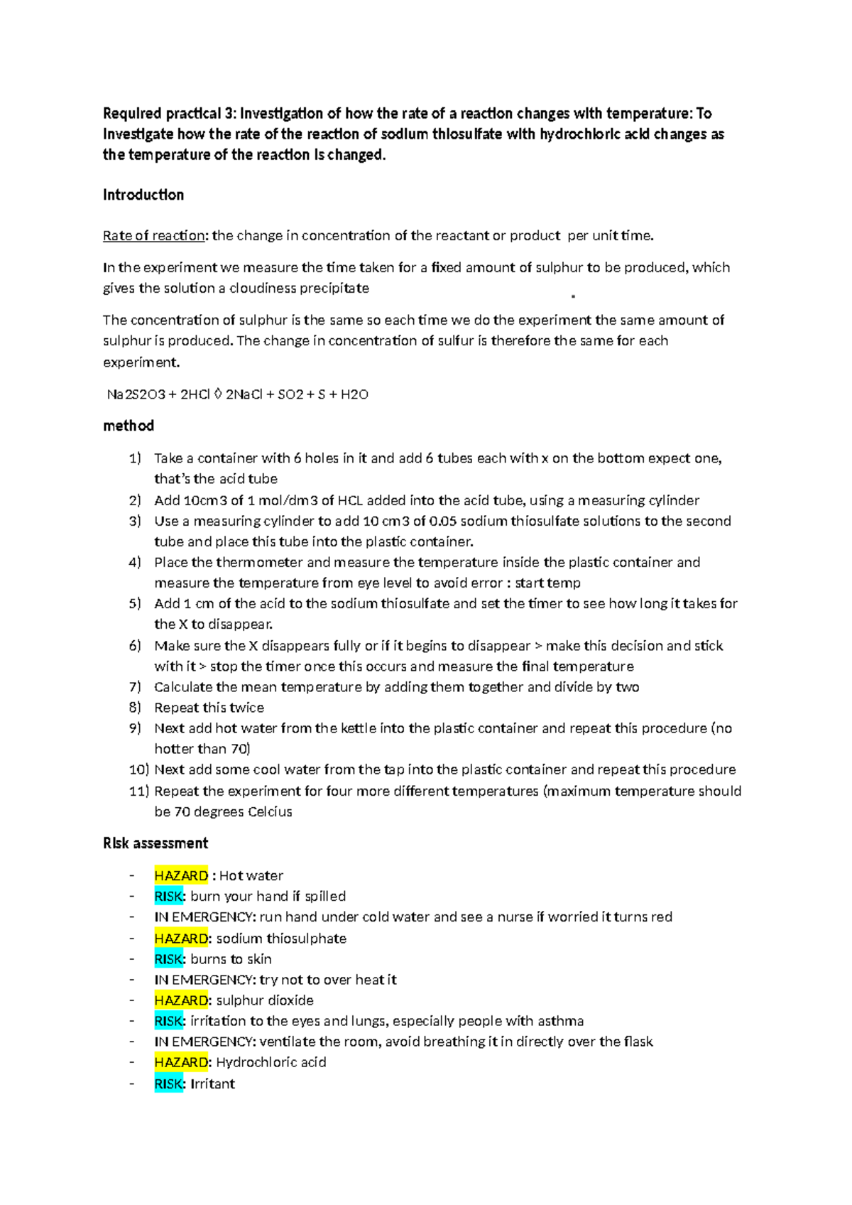 Practical 3 rate of reaction - Required practical 3: Investigation of ...