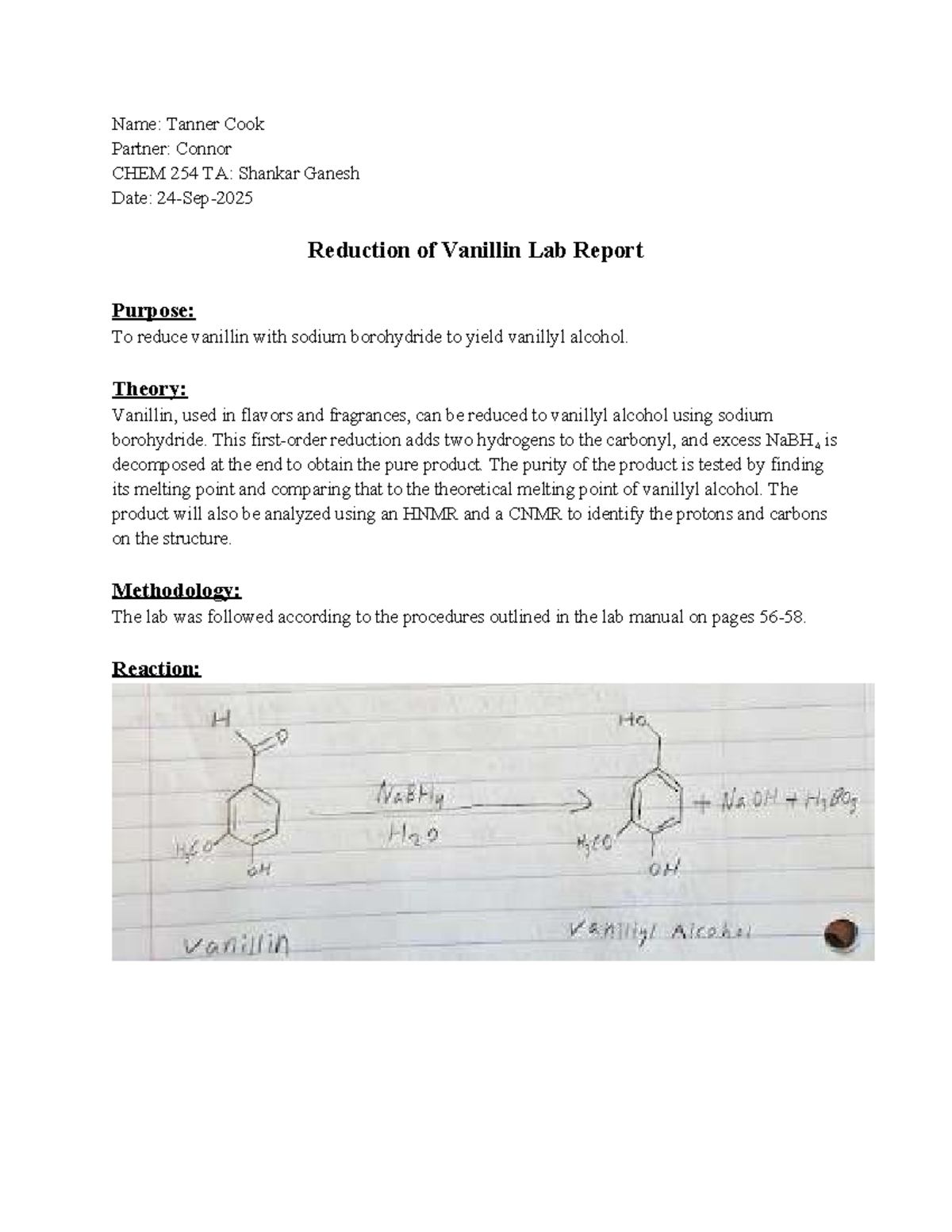 CHEM 254: Reduction of Vanillin Lab Report and Analysis - Studocu
