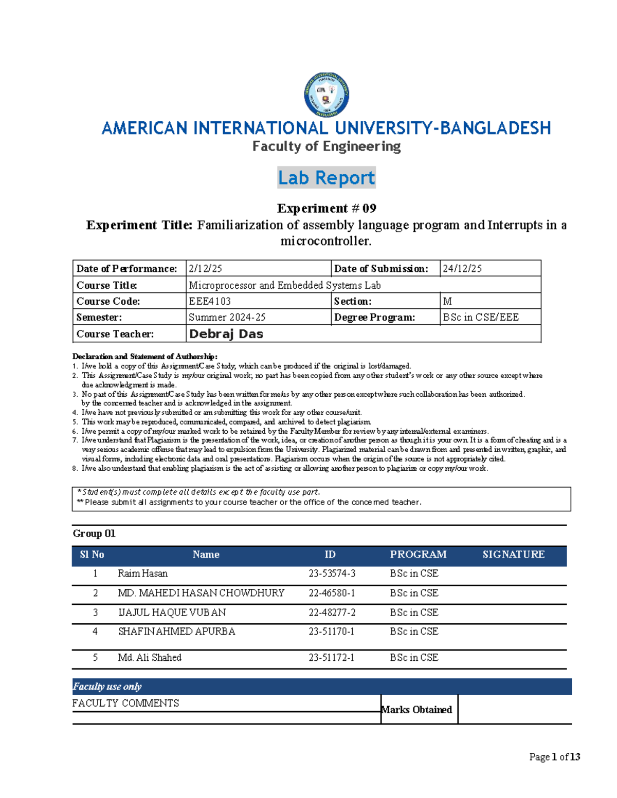 Lab Report 09: Motor Control System Implementation Using Arduino - Studocu