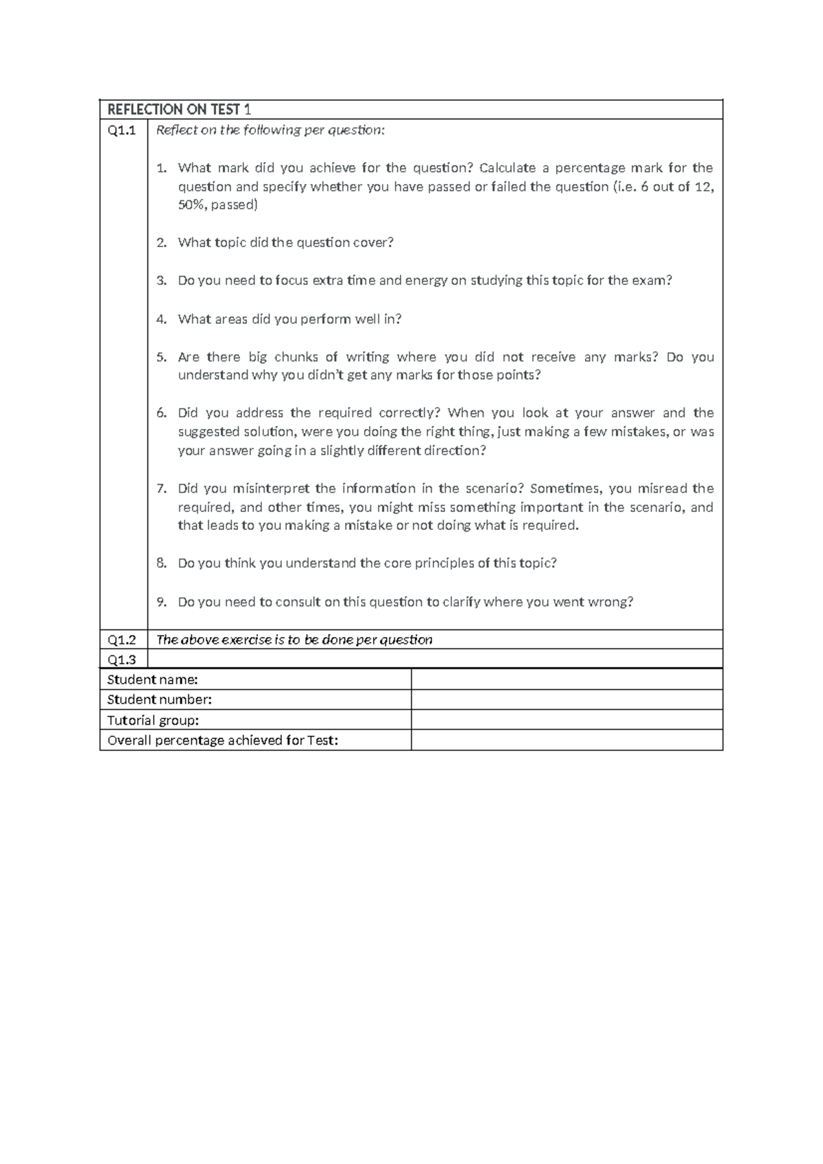 Test 1 Reflection Template: Analyzing Performance and Understanding ...