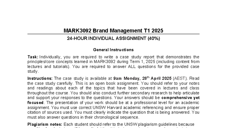 MARK3092 T1 2025 - 24-hour Individual Assignment (40%) - Case Study and Questions - MARK3092 ...