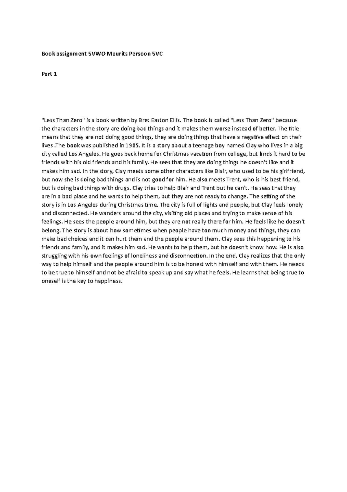 Book Report: Analysis of "Less Than Zero" - English 5VWO Per. 2 ...