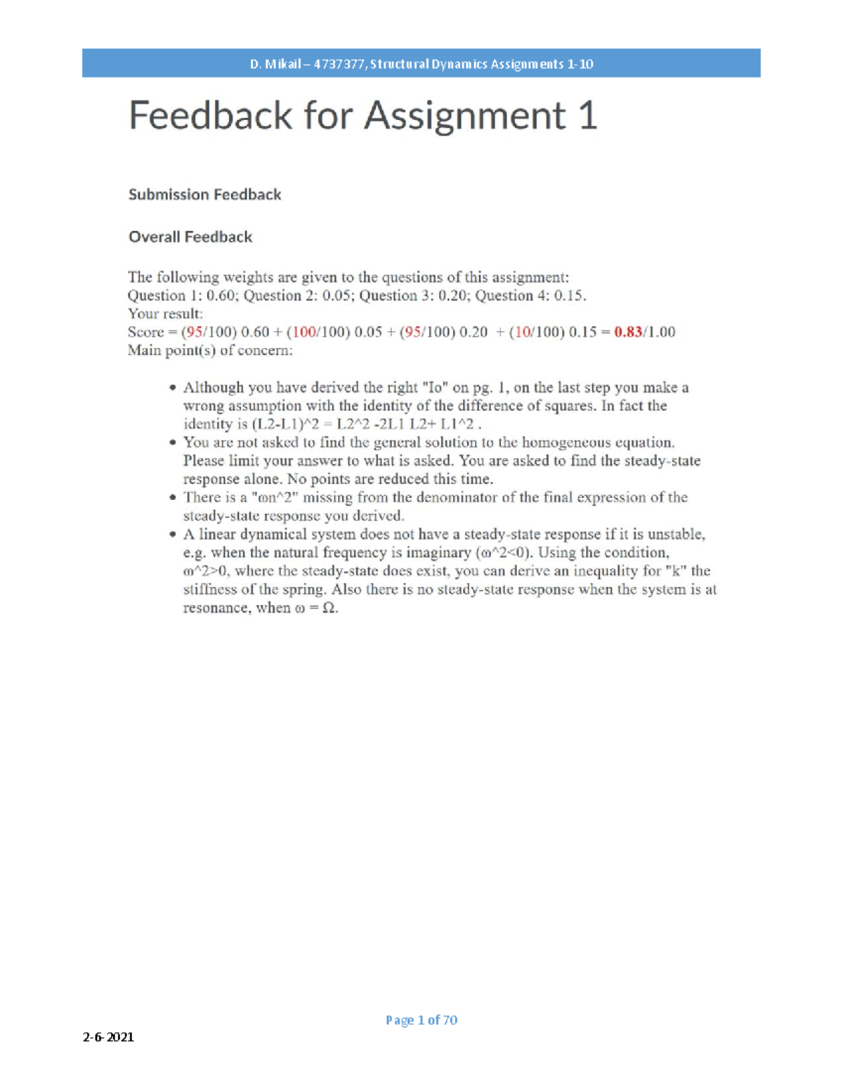 Structural Dynamics Assignments 1-10 Solutions and Insights - Studeersnel