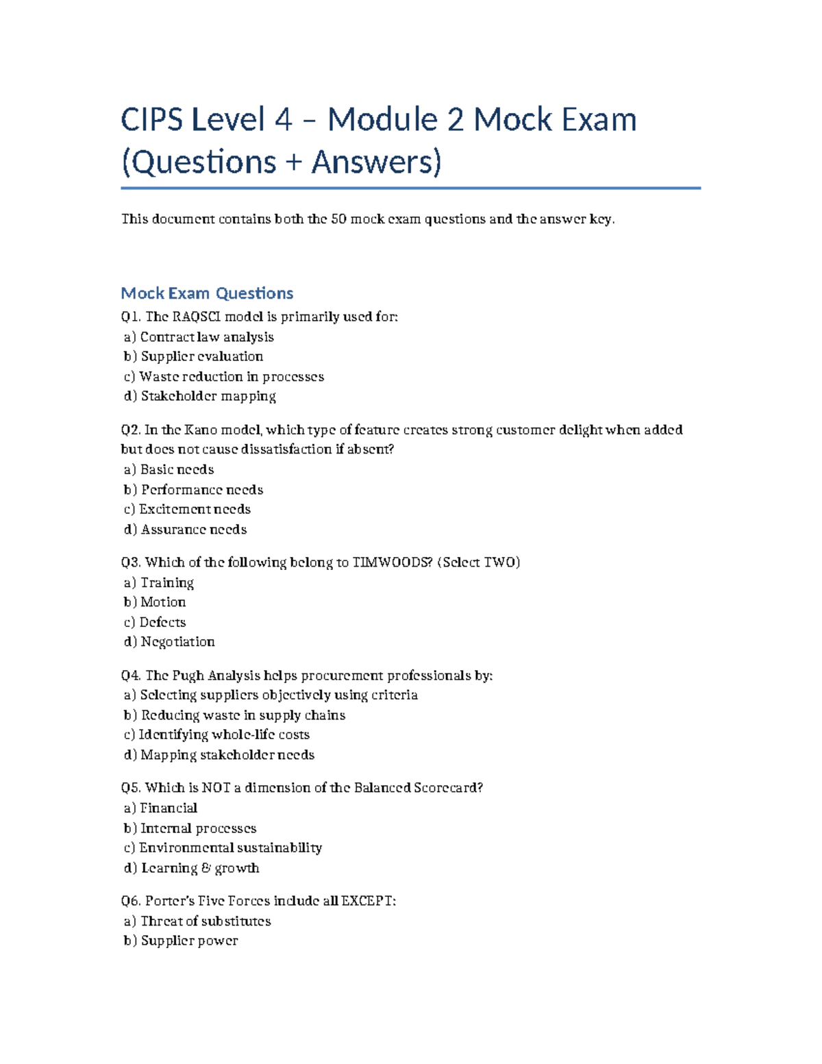 CIPS Level 4 Module 2 Mock Exam Q&A Guide - Studocu
