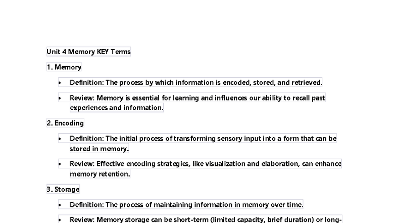 Unit 4 Memory Key Terms - PSY 101 Study Guide - Studocu