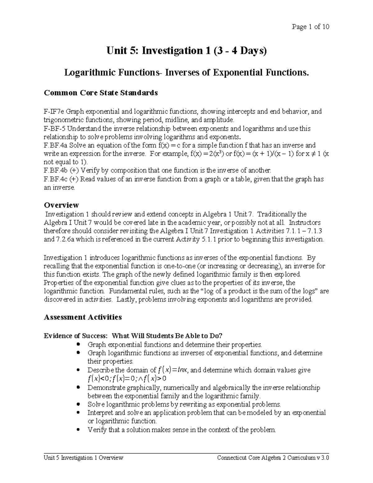Unit 5: Investigation 1 - Logarithmic Inverses of Exponential Functions - Studocu