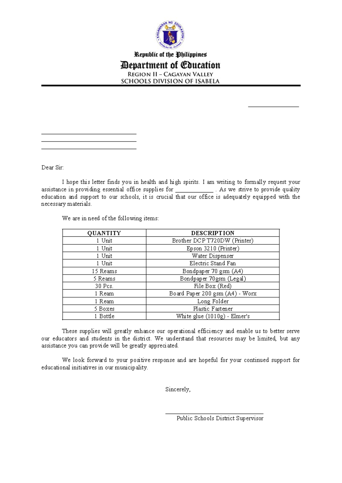 Request Letter for Office Supplies - Public Schools District - Studocu