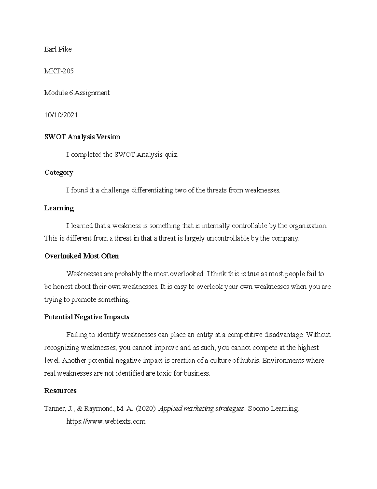 Module 6 Assignment - SWOT Analysis Insights and Learning - Studocu