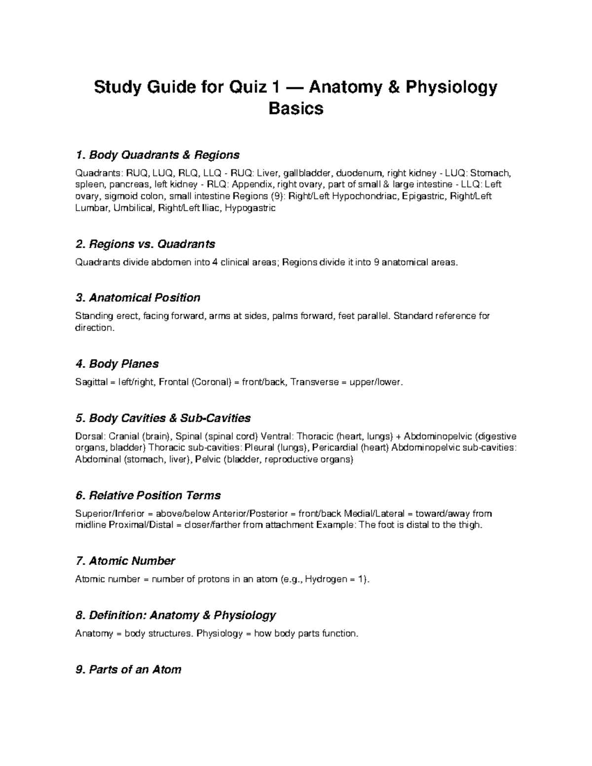Study Guide for A&P Quiz 1: Body Quadrants & Regions - Studocu