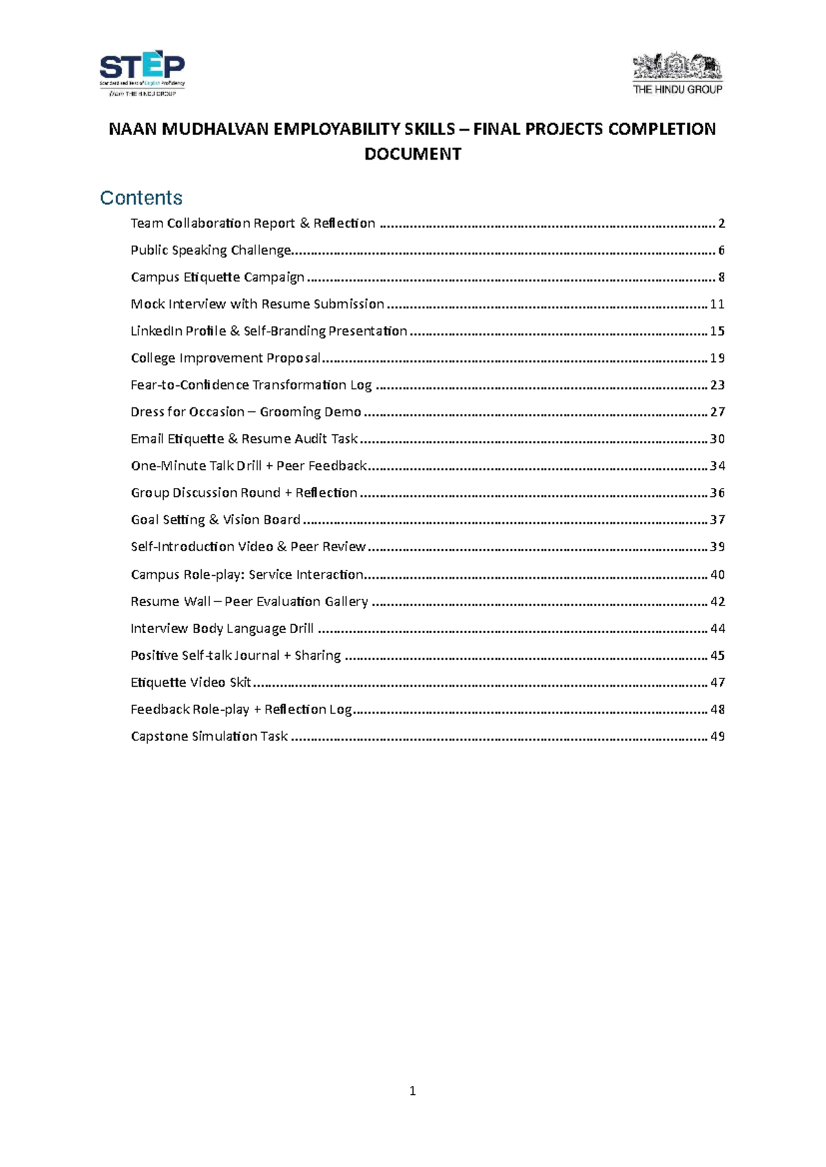 NAAN MUDHALVAN EMPLOYABILITY SKILLS FINAL PROJECT COMPLETION REPORT ...