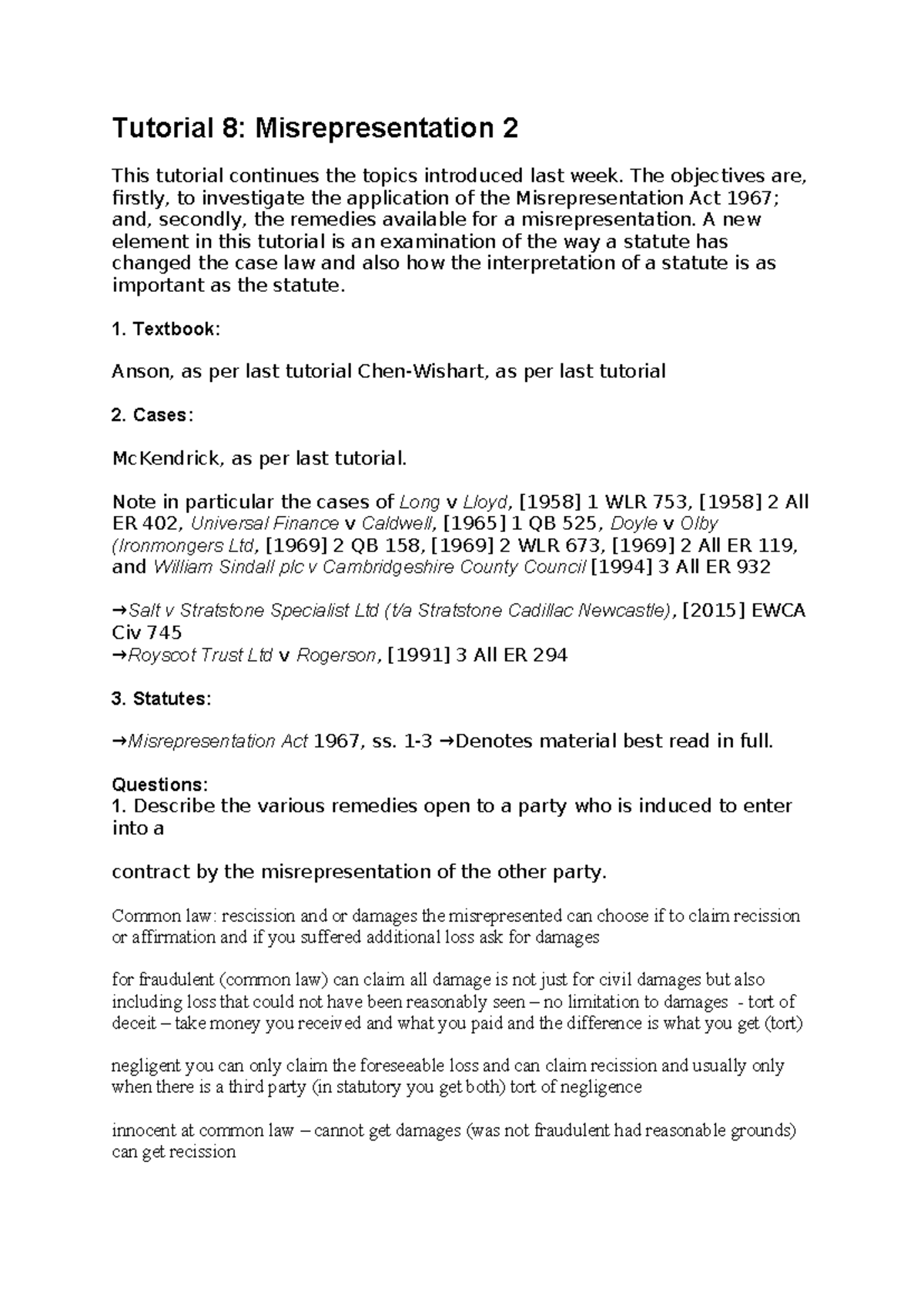 Contract T 8 - Notes from the tutorial - Tutorial 8: Misrepresentation ...