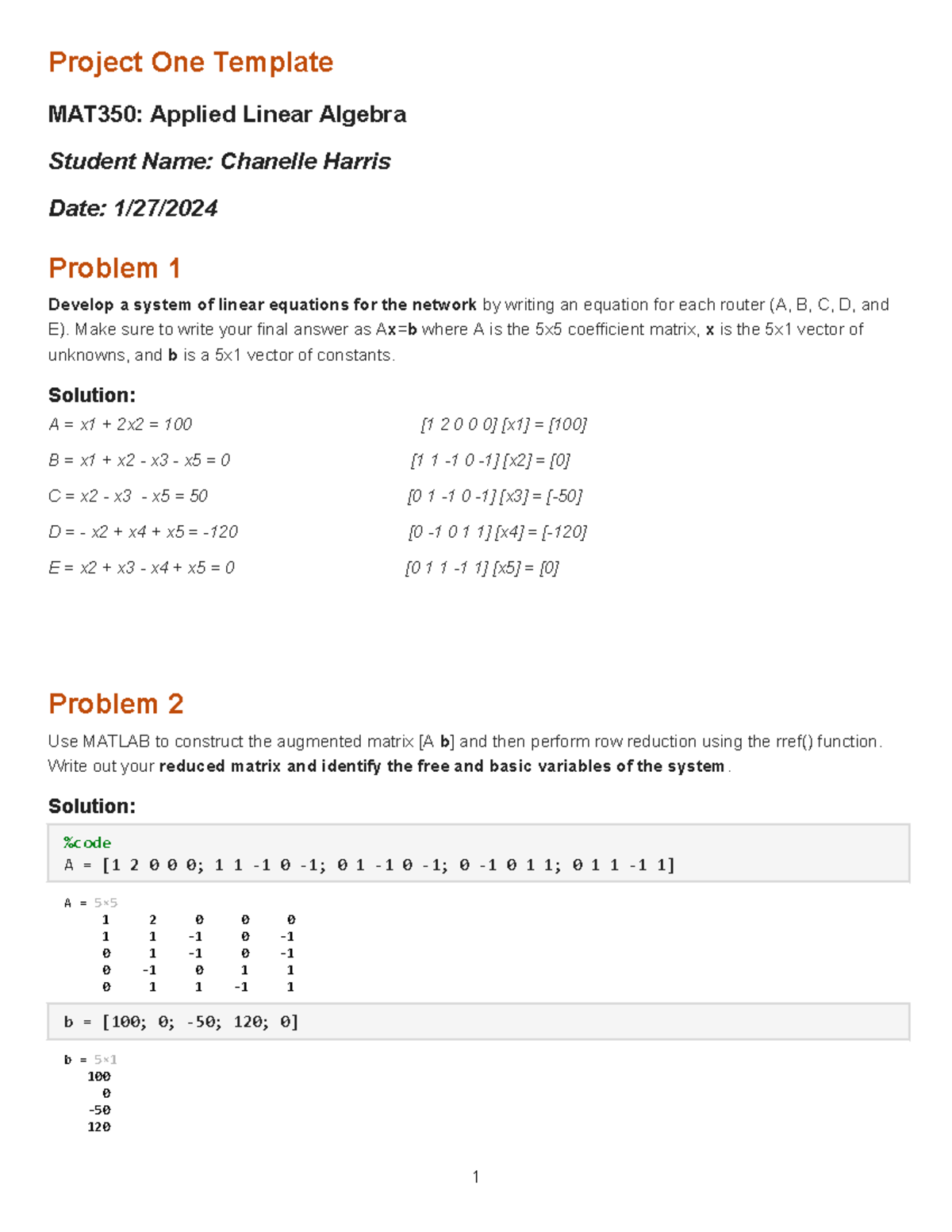 Project One - MAT 350: Network Analysis with Linear Algebra Solutions ...