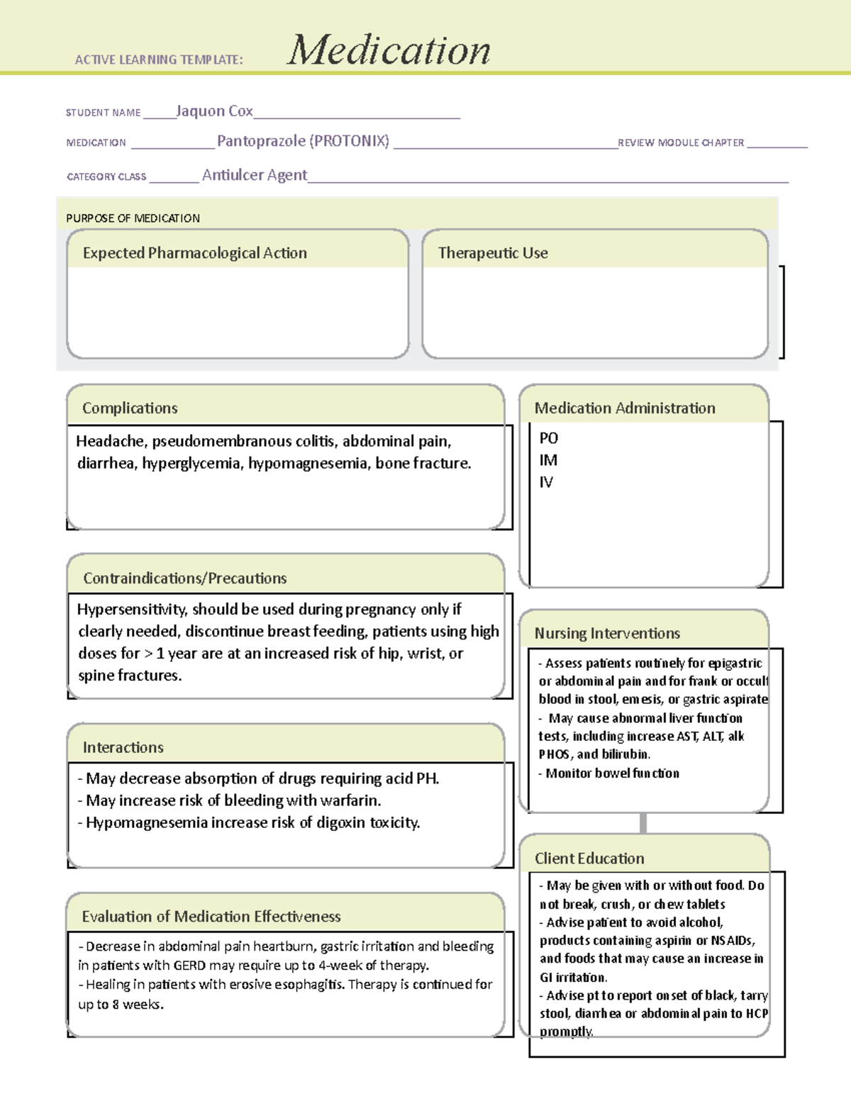 Pantoprazole Protonix Medication - ACTIVE LEARNING TEMPLATE: STUDENT ...