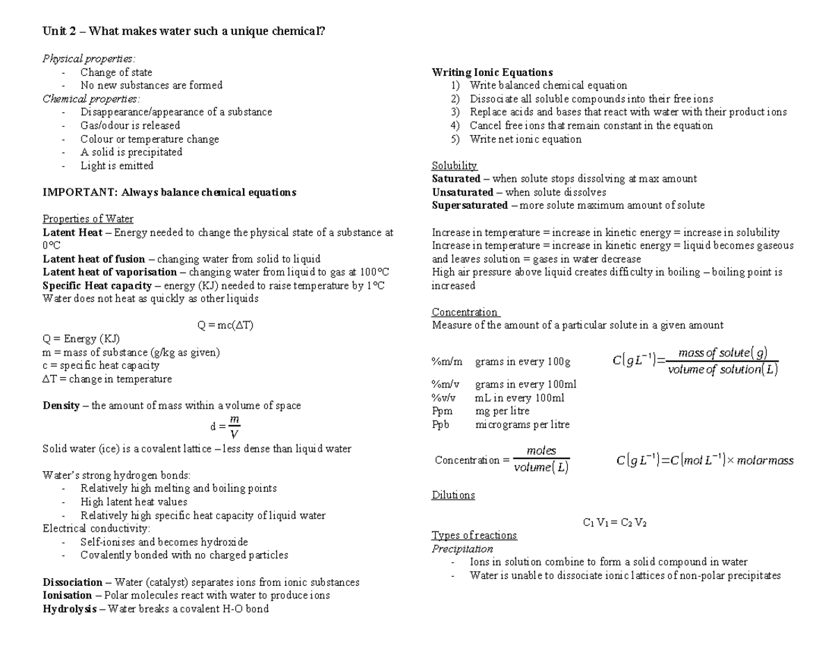 Unit 2 Chemistry Revision: Unique Properties of Water and Reactions ...