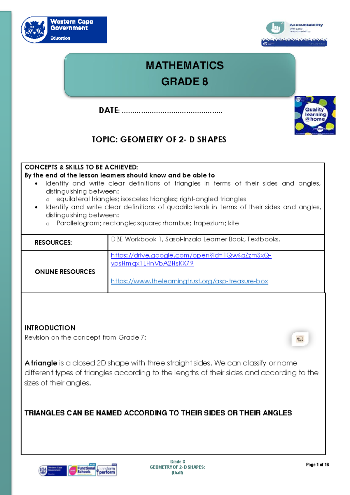 GET SP Grade 8 Mathematics Term 2 Week 5: Geometry of 2-D Shapes Lesson Plan - Studocu