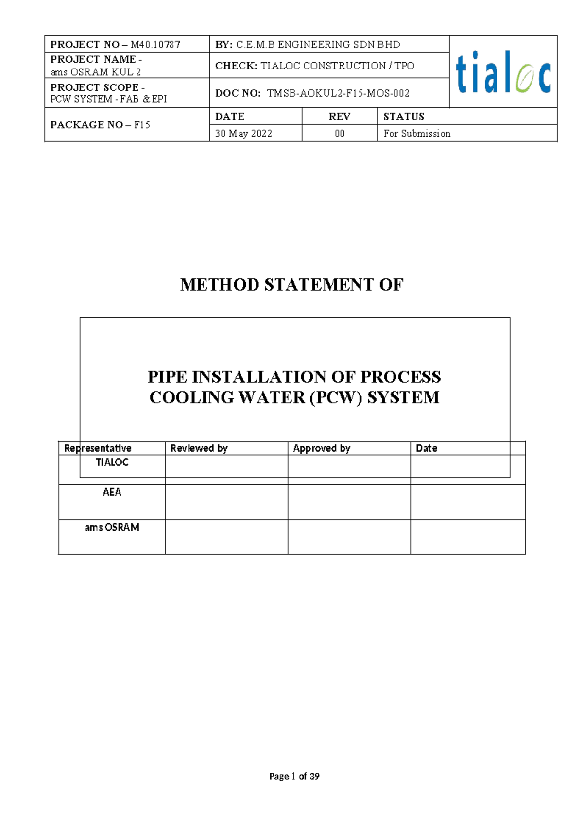 Method Statement for PCW Piping Installation - M40.10787 - Studocu